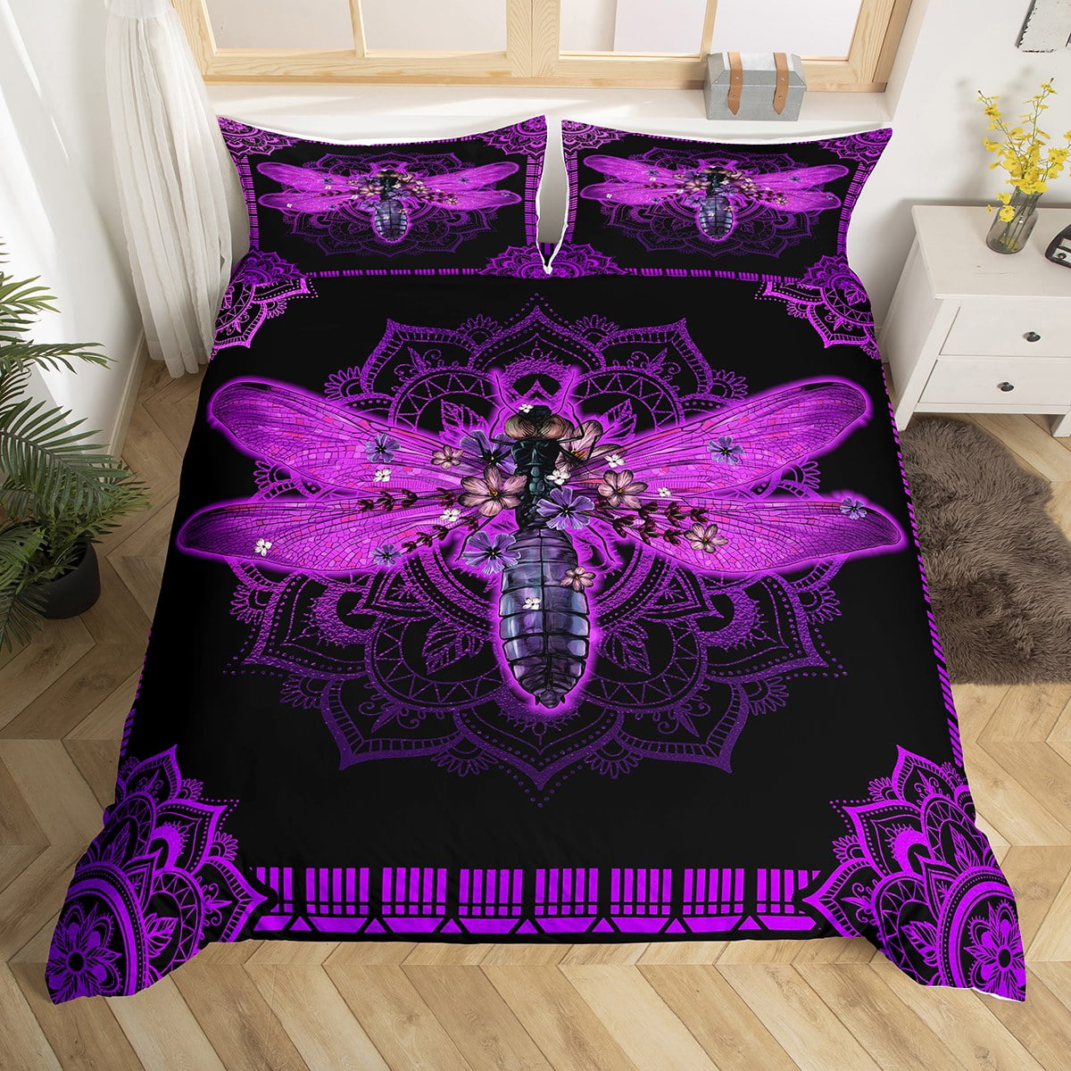 Dragonfly Duvet Cover Twin Boho Mandala Bedding Set Purple Flowers ...