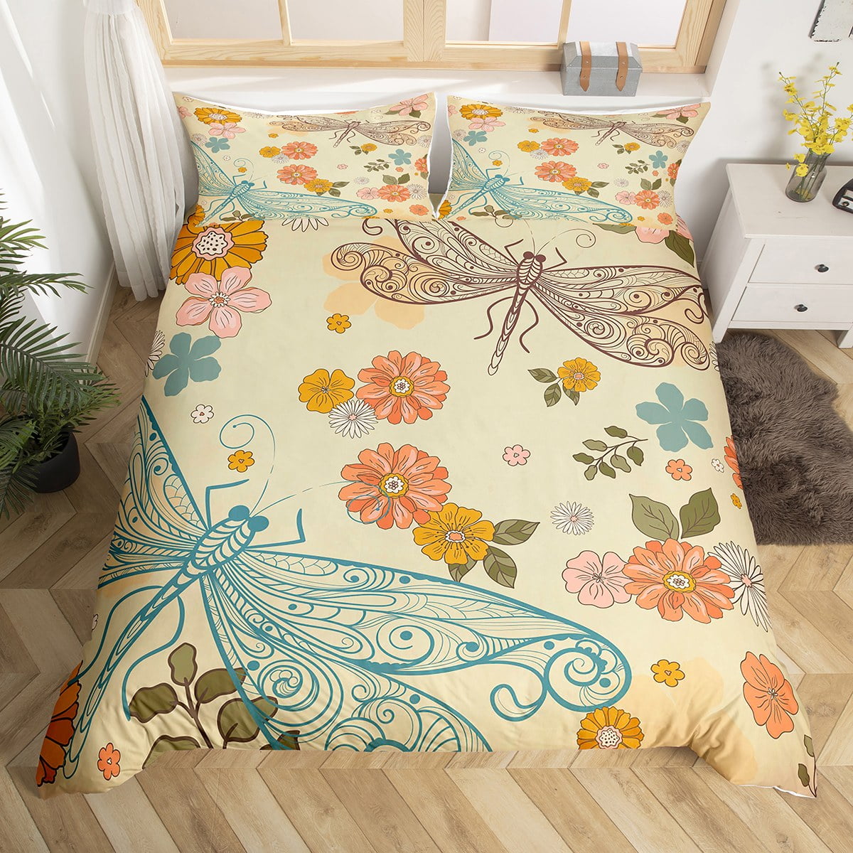 Erosebridal Dragonfly Duvet Cover Twin Retro Groovy Flowers Power ...