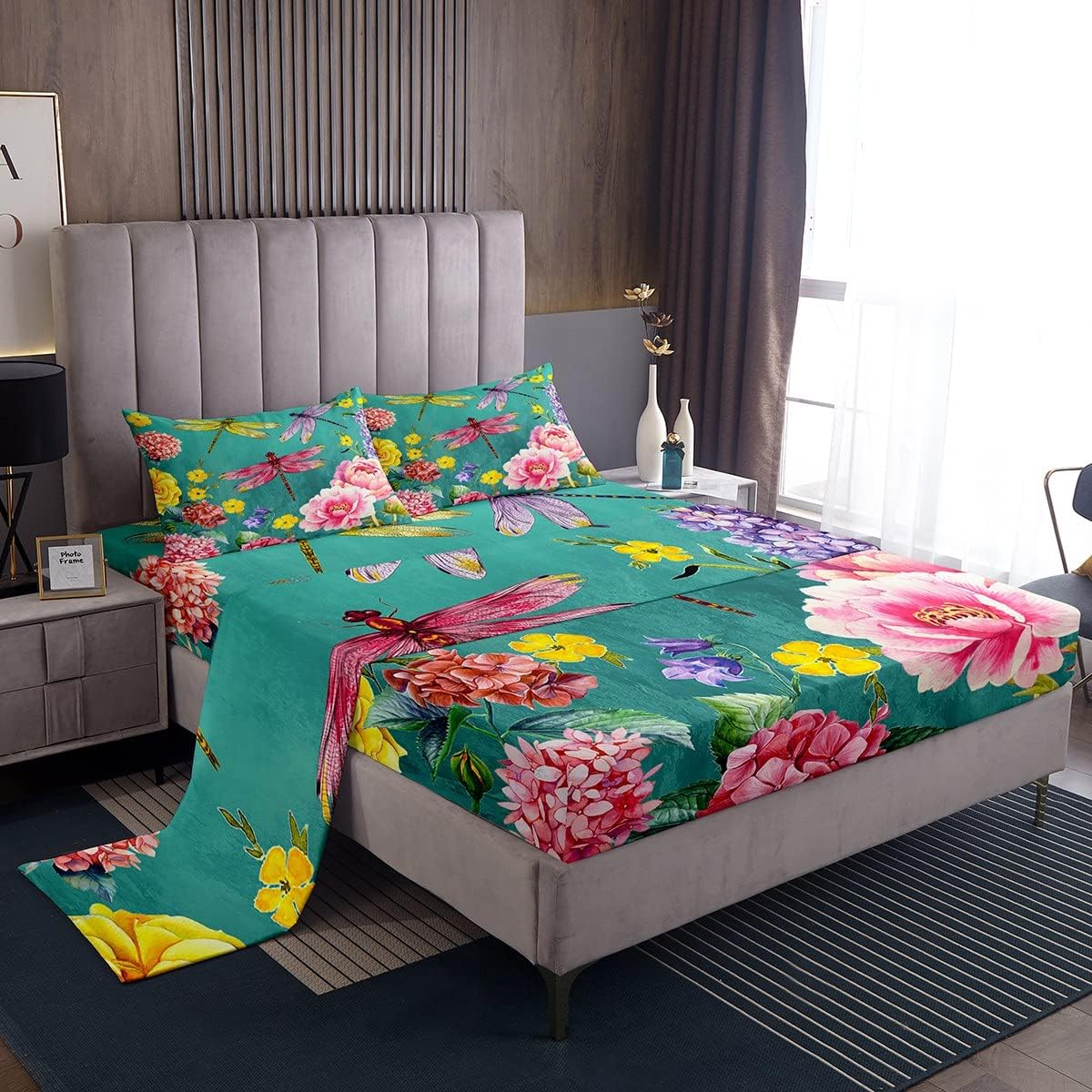 Erosebridal Dragonfly Fitted Sheet Colorful Hydrangea Sheet Set Women ...
