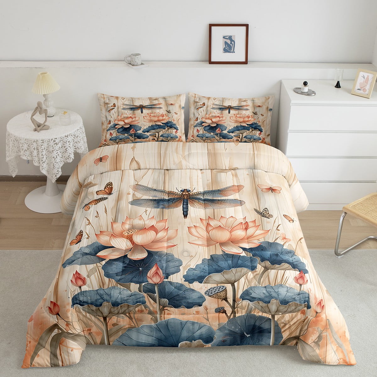 Dragonfly Floral Queen Comforter Set,Lotus Leaf Butterfly Bedding Set ...