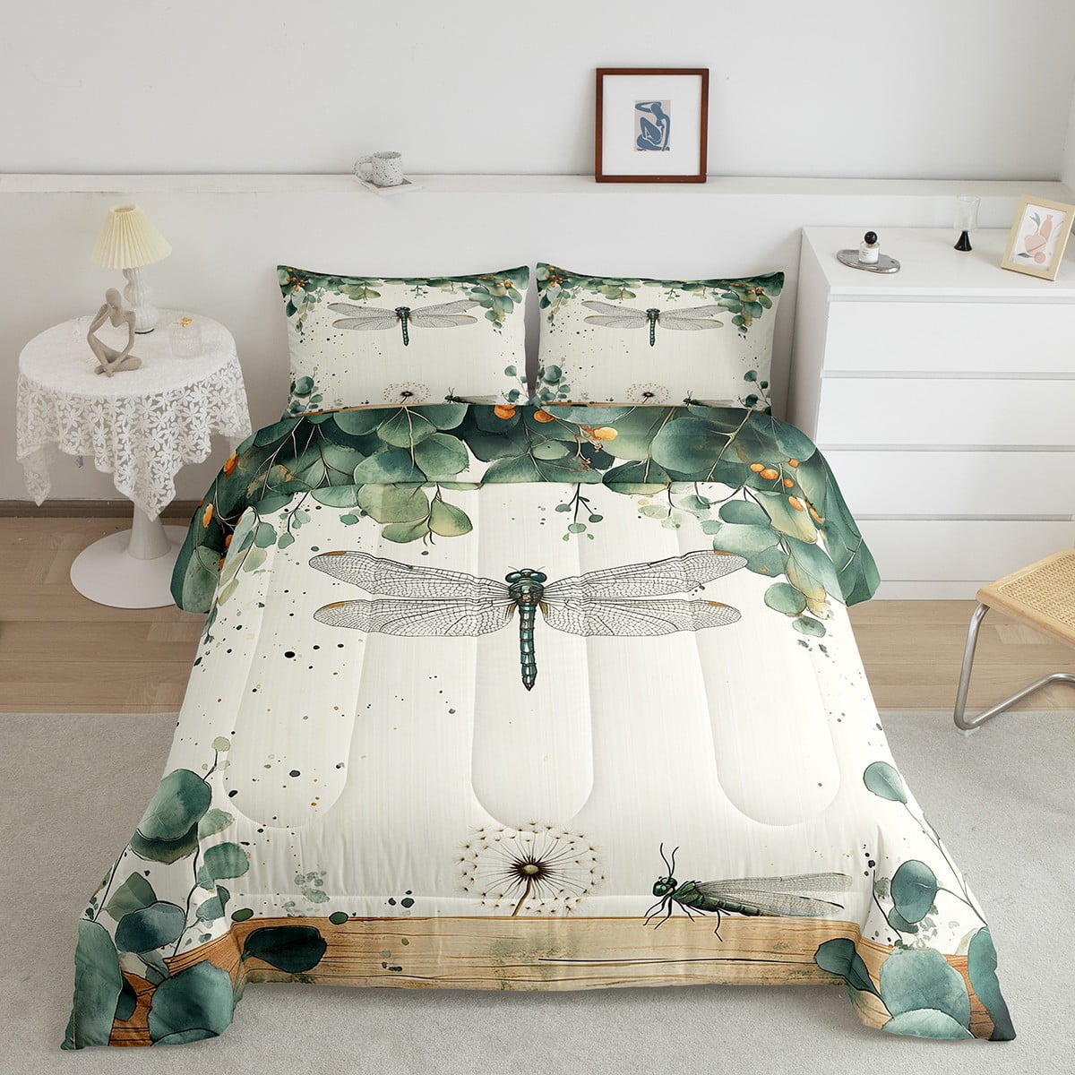 YST Dragonfly Full Bedding Set,Botanical Plant Green Leaf Comforter Set ...