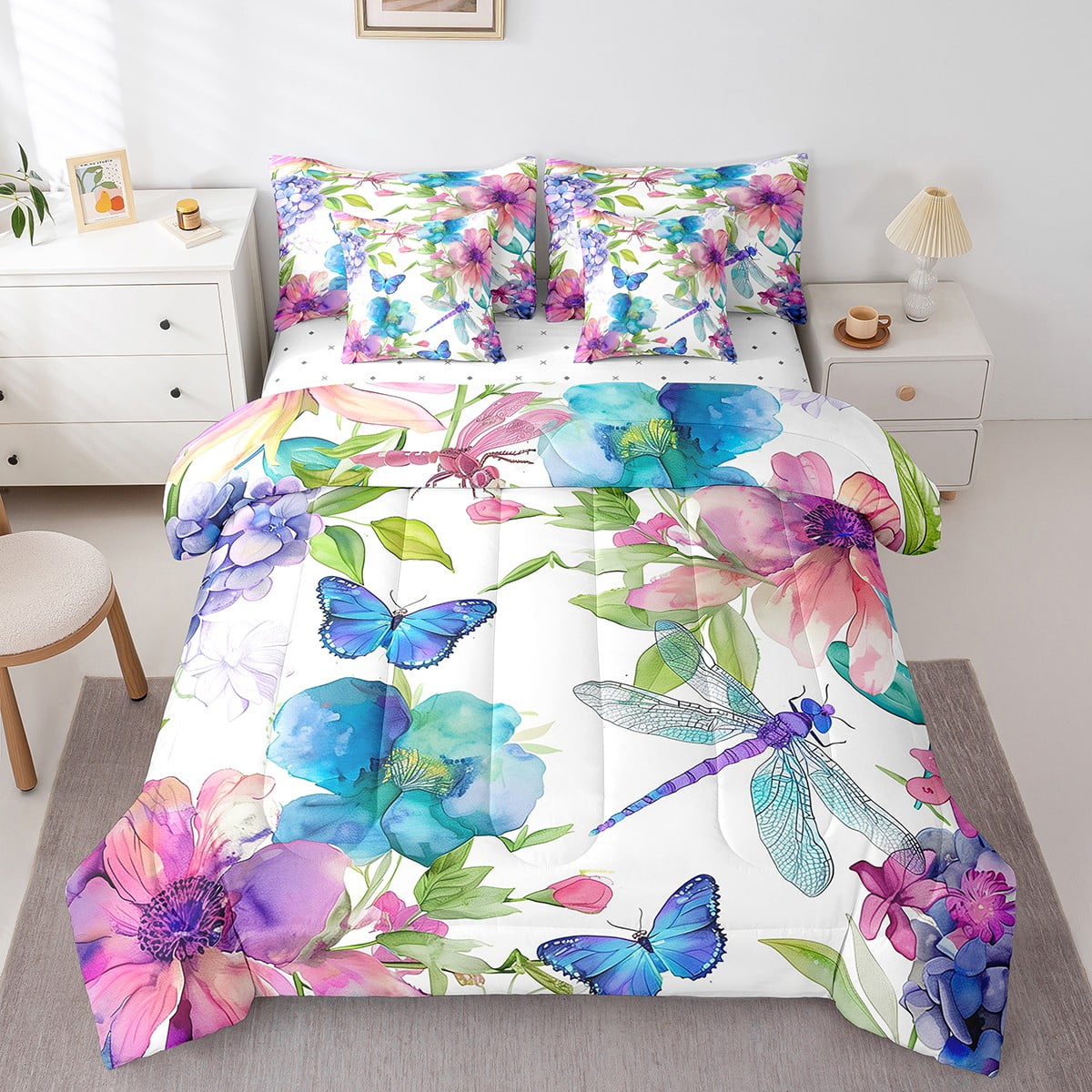 YST Dragonfly Hydrangea Twin 7 Piece Comforter Set For Kids Girls Women ...