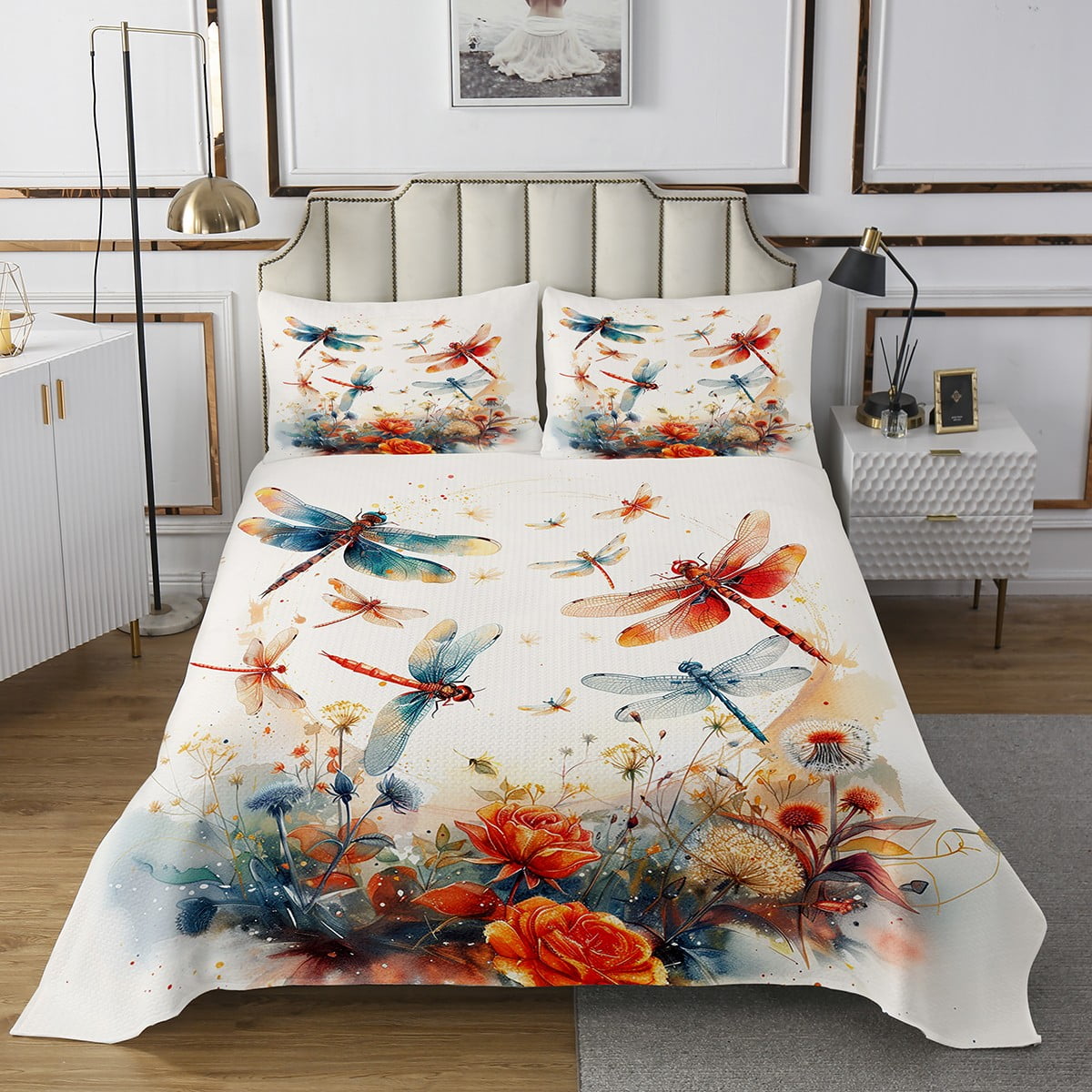 YST Dragonfly Queen Quilt Set Dandelion Botanical Floral Bedspread Set ...