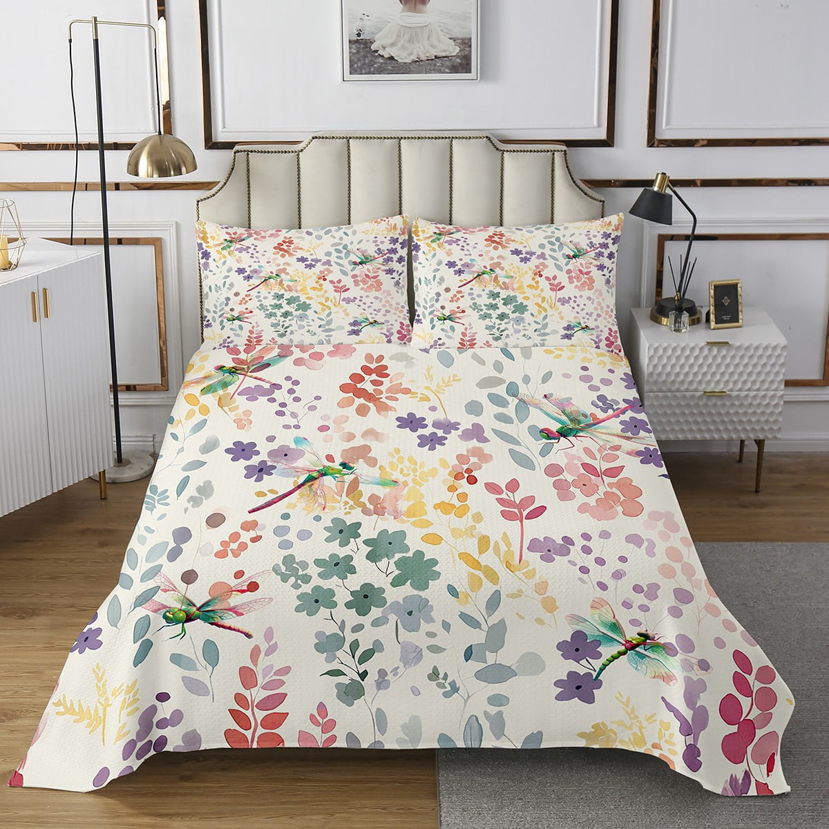 Dragonfly Twin Quilt Set,Colorful Floral Dragonfly Bedding Set,Cute ...