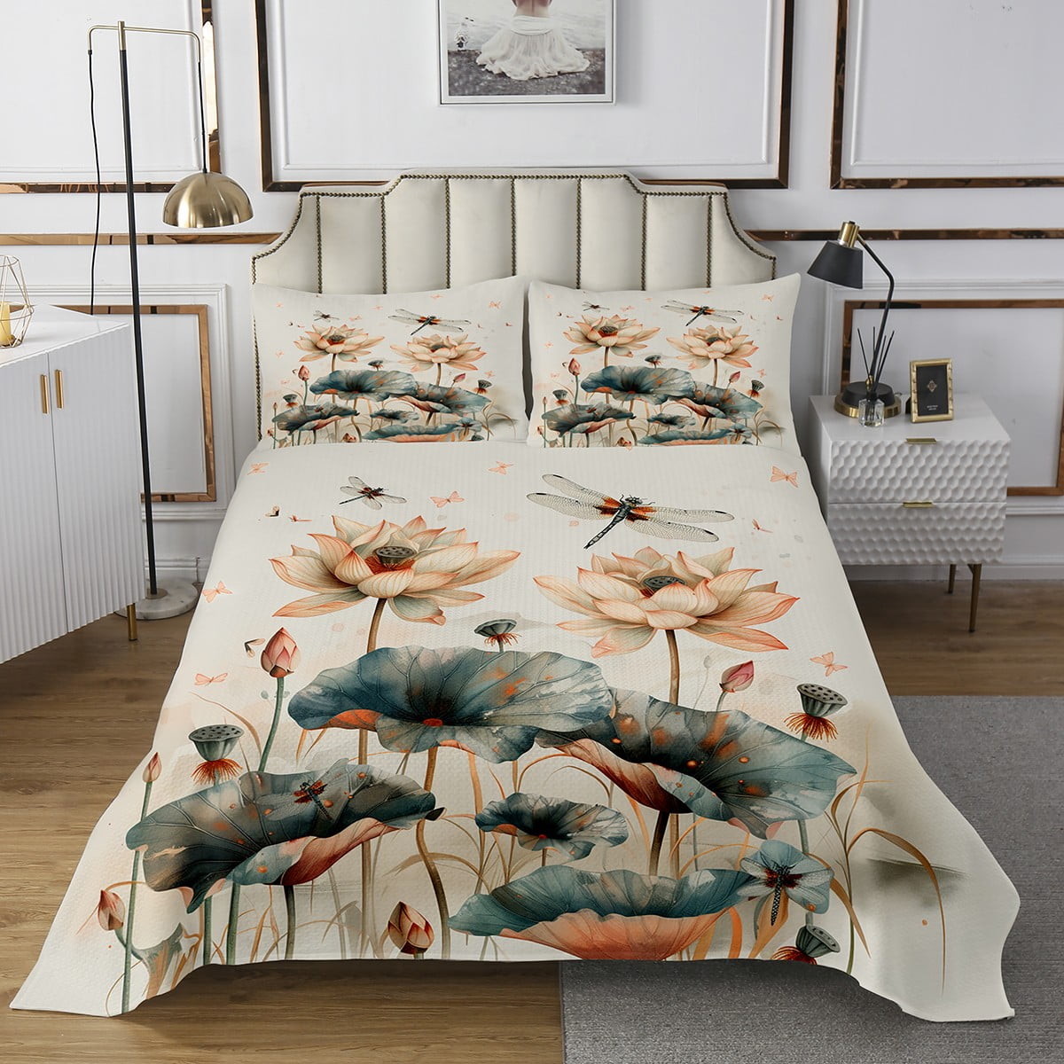 Dragonfly Twin Quilt Set,Lotus Leaf Floral Bedding Set Adults,Rustic ...
