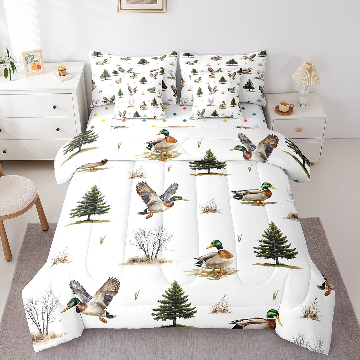 Duck Hunting 7 Piece Bed in a Bag Queen,Mallard Duck Bird Bedding Set Bed Sheets,Flying Duck ...