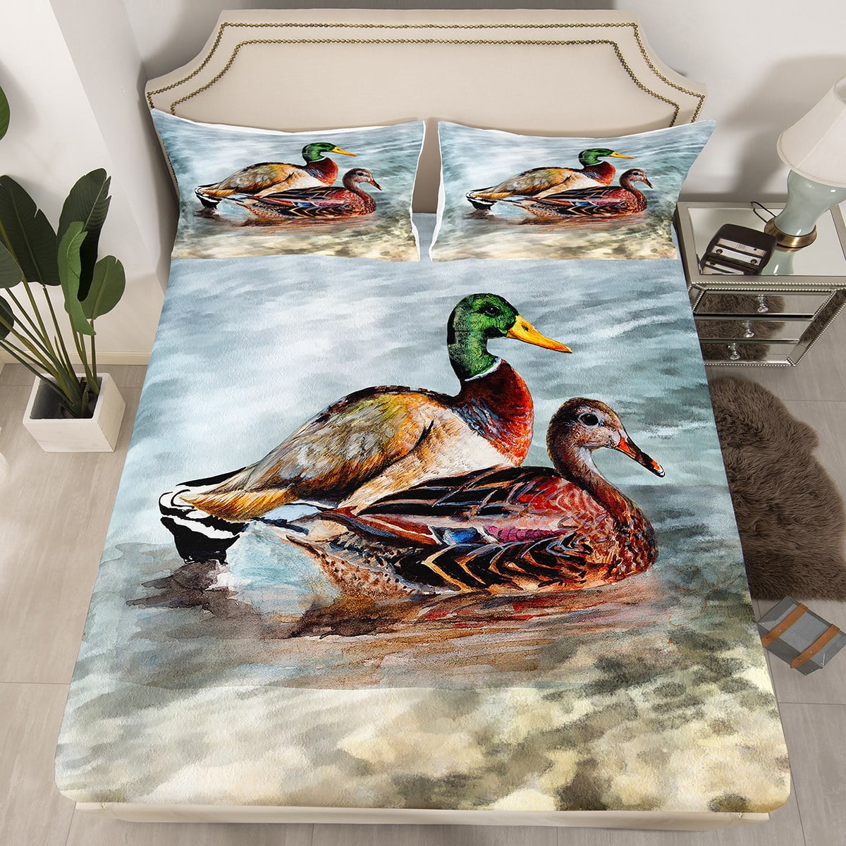 Erosebridal Duck Hunting Bed Sheets Mallard Duck Fitted Sheet Queen Size, Watercolor Animal ...