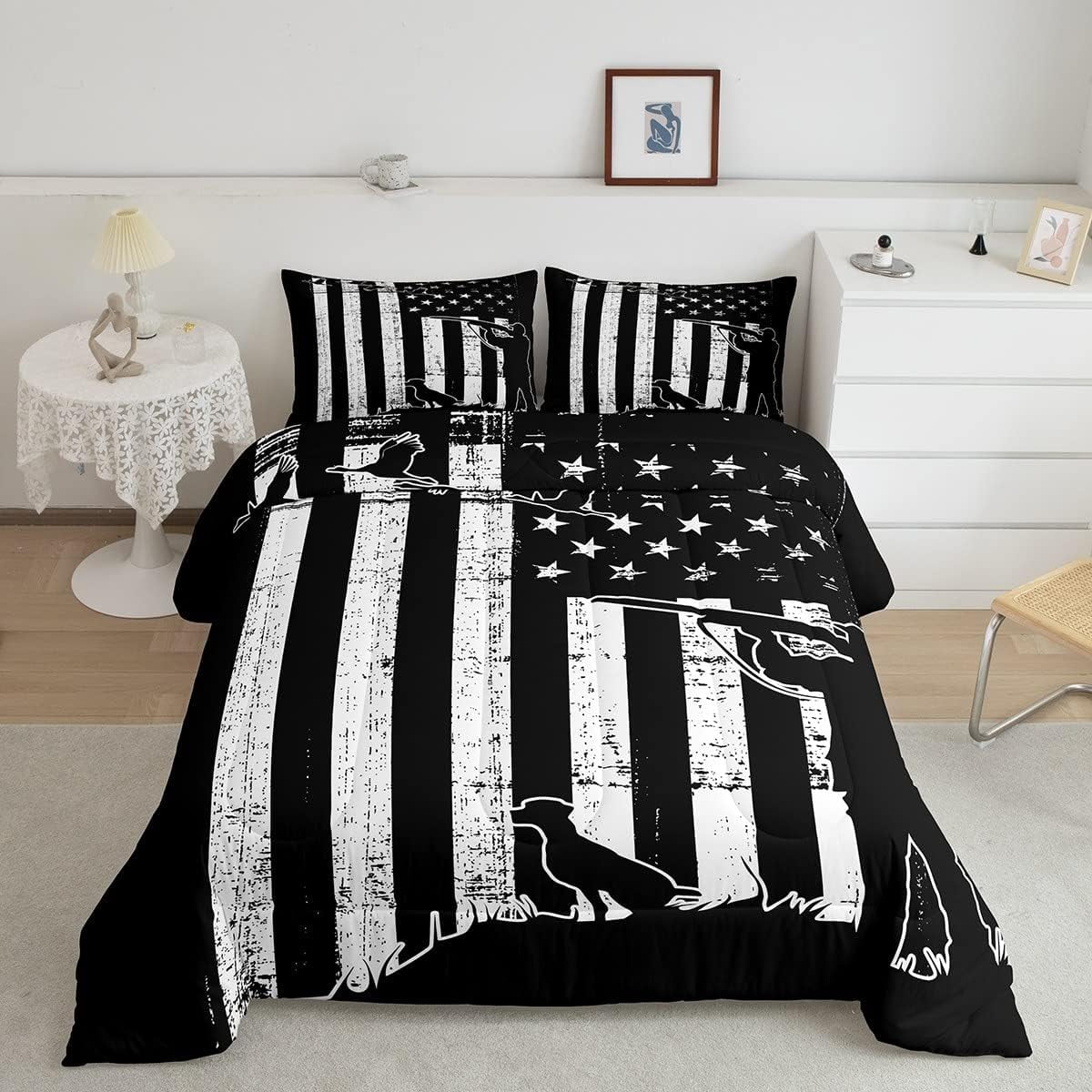 Erosebridal Duck Hunting Bedding American Flag Comforter Set Dog Hunter Duvet Set Hunting Theme ...