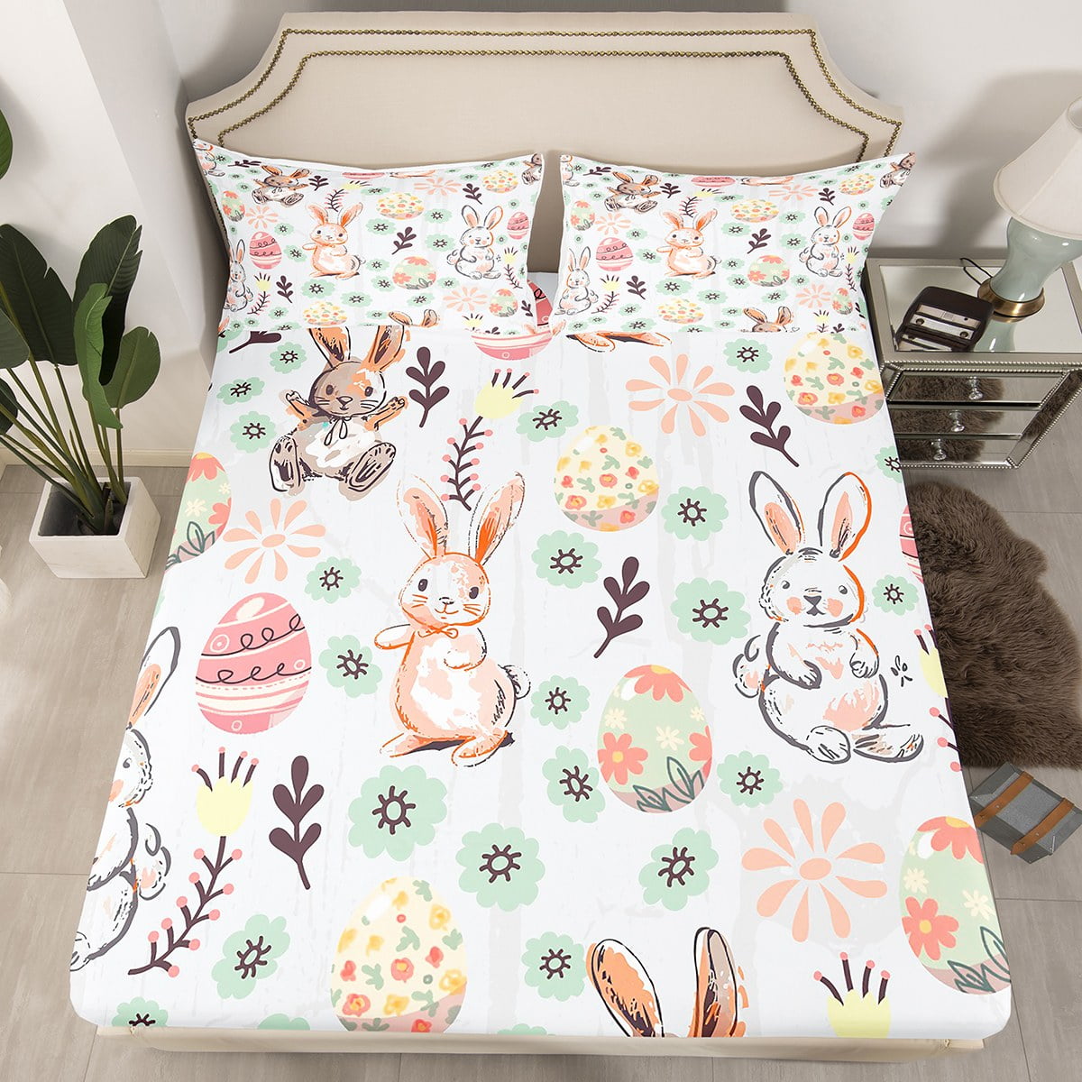 YST Easter Bunny Fitted Sheet Twin, Cute Rabbit Bed Set for Teen Kids ...