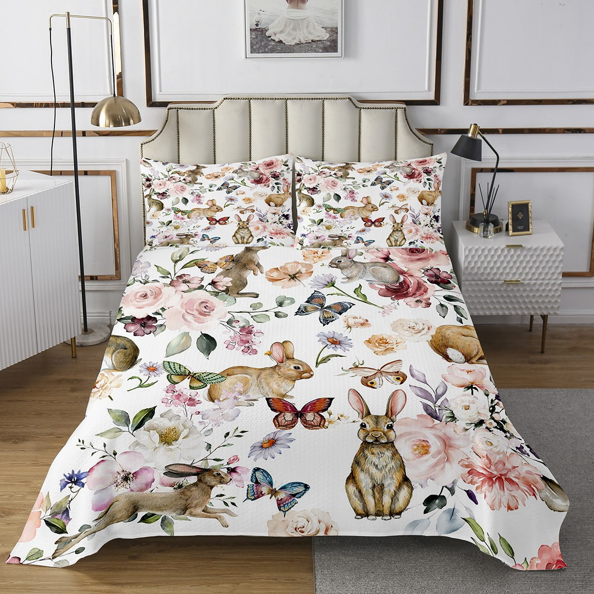 Erosebridal Easter Bunny Queen Size Quilt Set,Spring Flowers Bedspread ...