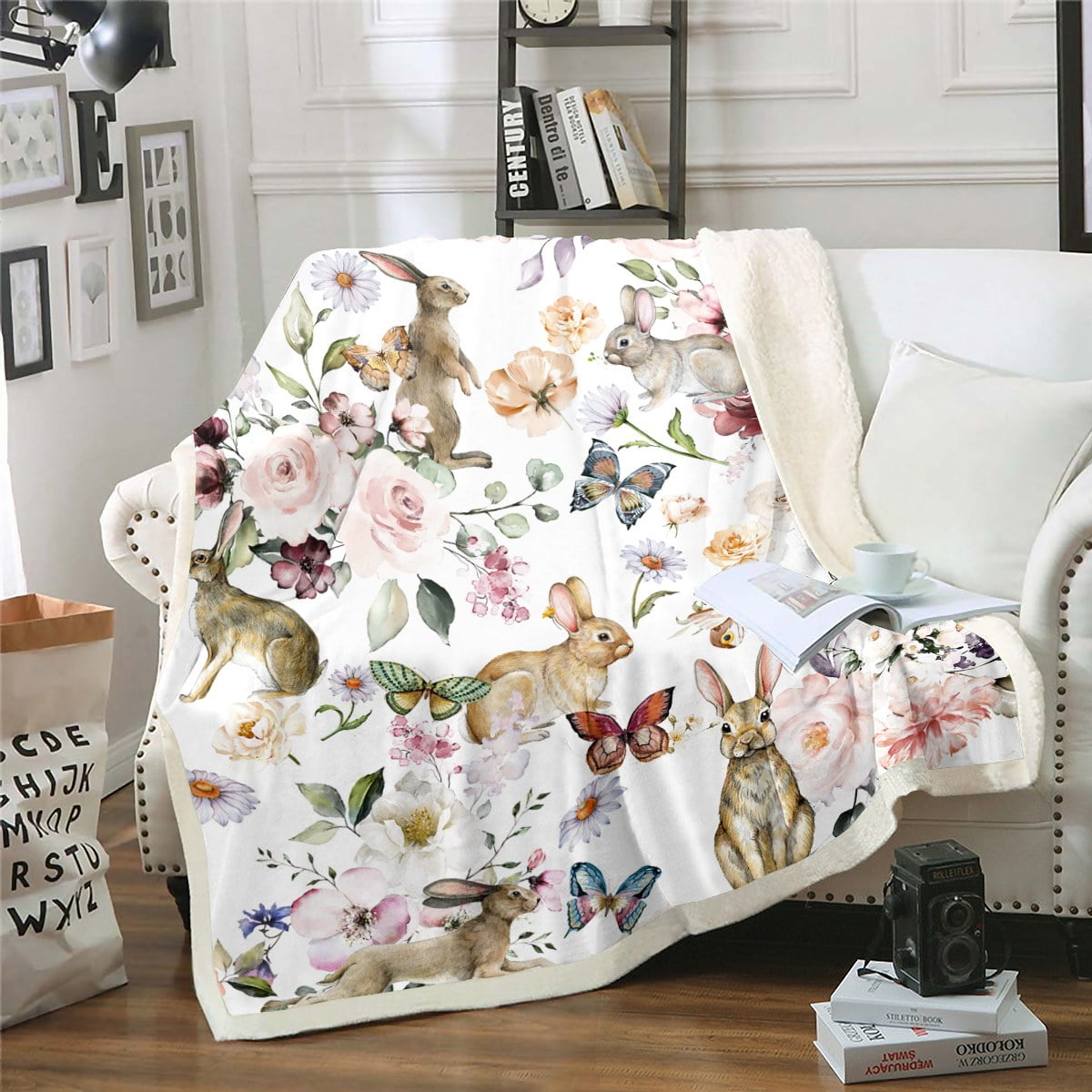 Easter Bunny Throw Blanket,Spring Flowers Fleece Blanket for Sofa Bed ...