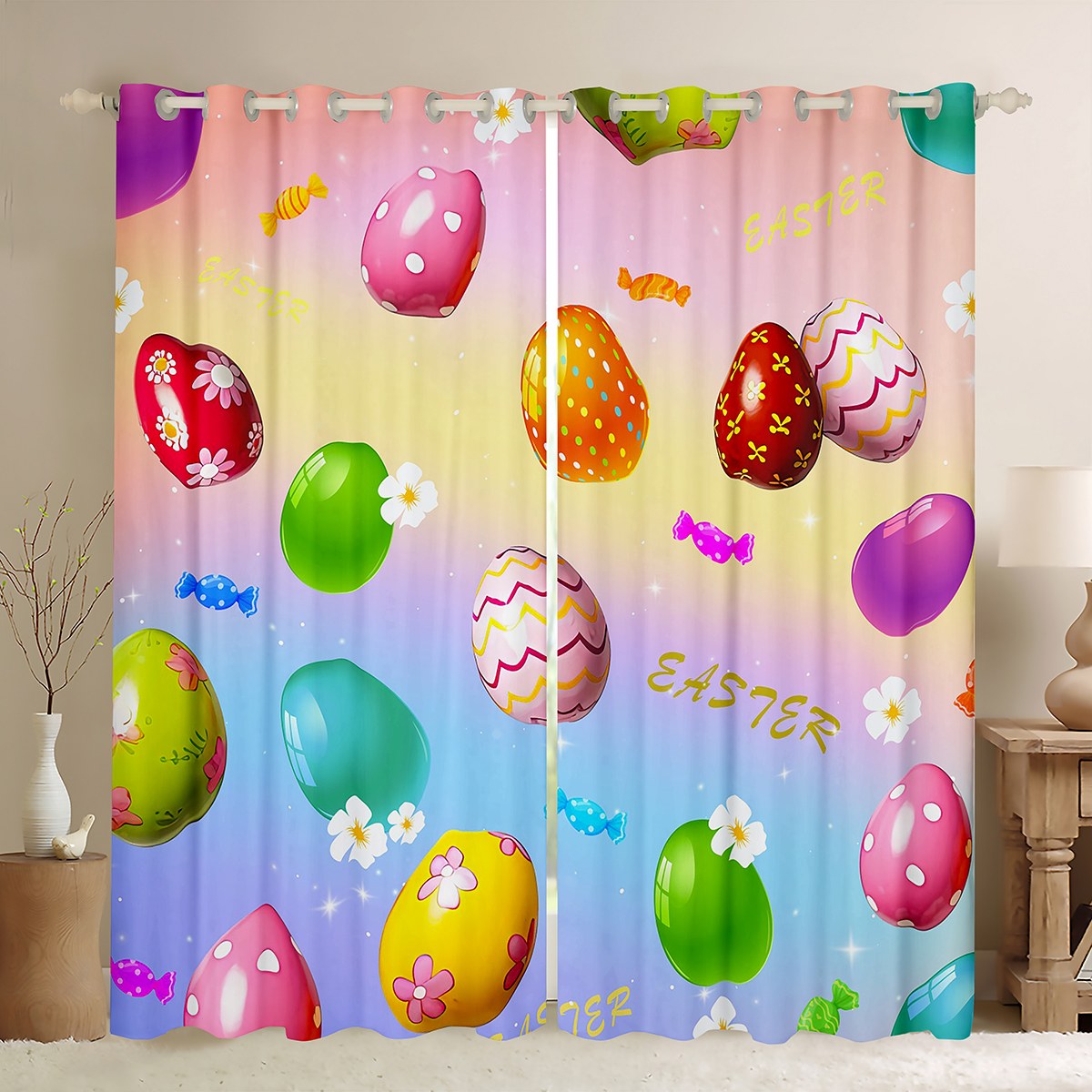 Erosebridal Easter Eggs Blackout Curtains Easter Decoration Curtains ...