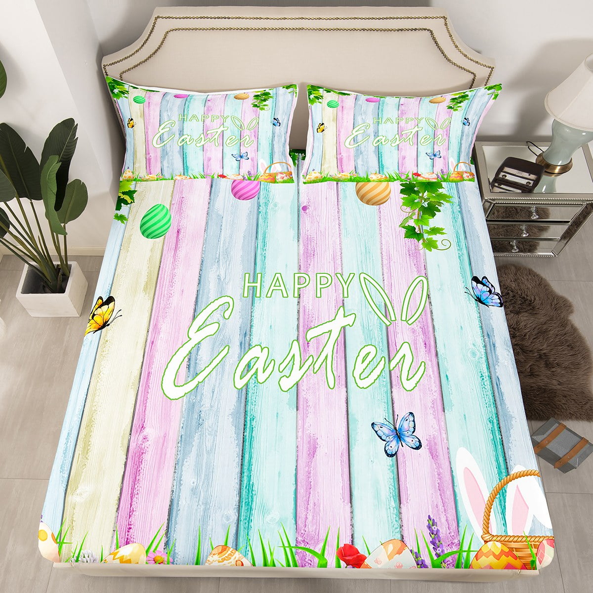 Erosebridal Easter Eggs Fitted Sheet 3 Piece Easter Decoration Bed ...