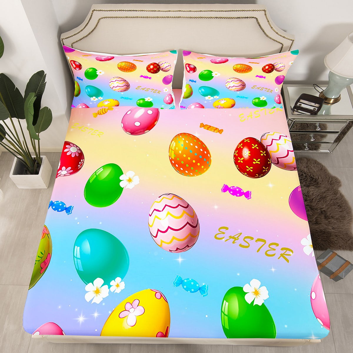 Erosebridal Easter Eggs Fitted Sheet Easter Decoration Bed Sheets Full ...