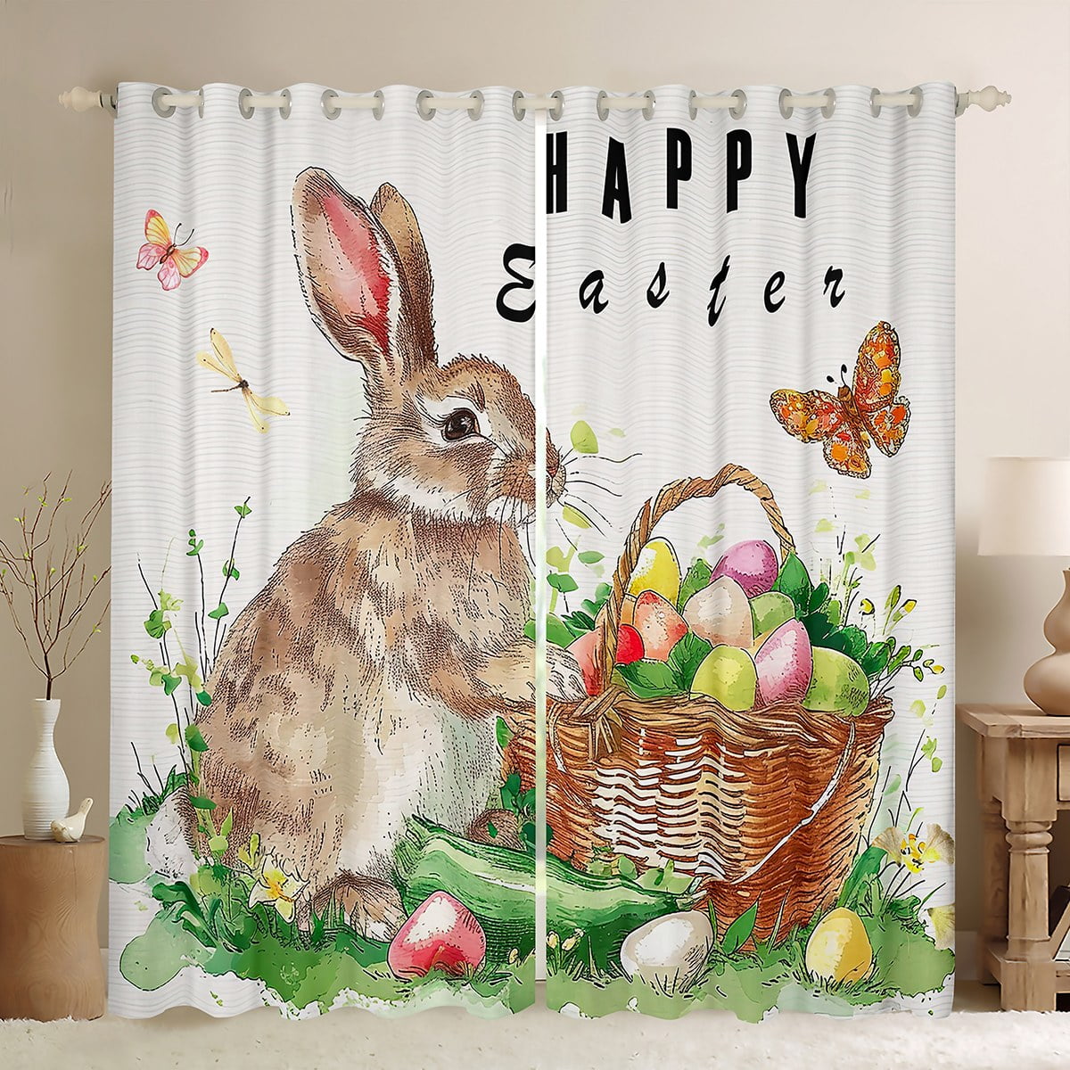 Easter Rabbit Curtains Cute Rabbit Print 30%-50% Blackout Curtains ...