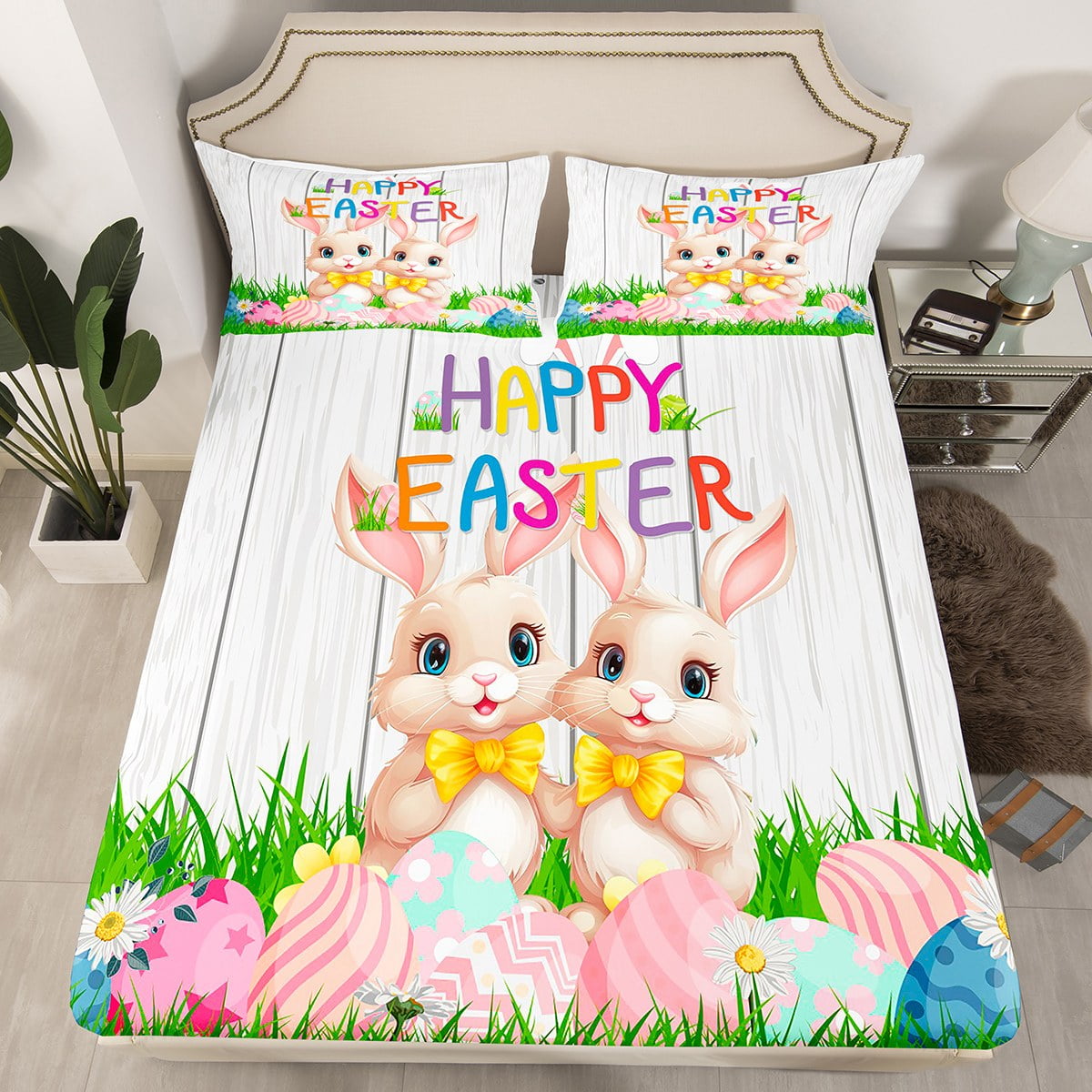 YST Easter Rabbit Fitted Sheet Queen Size,Cute Bunnies Sheets,Easter ...