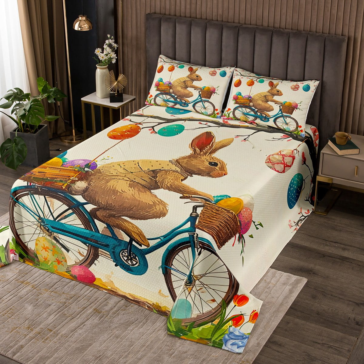 YST Easter Rabbit Quilt Set Happy Easter Themed Bedspread 3 Piece Easter Decorations Coverlet ...