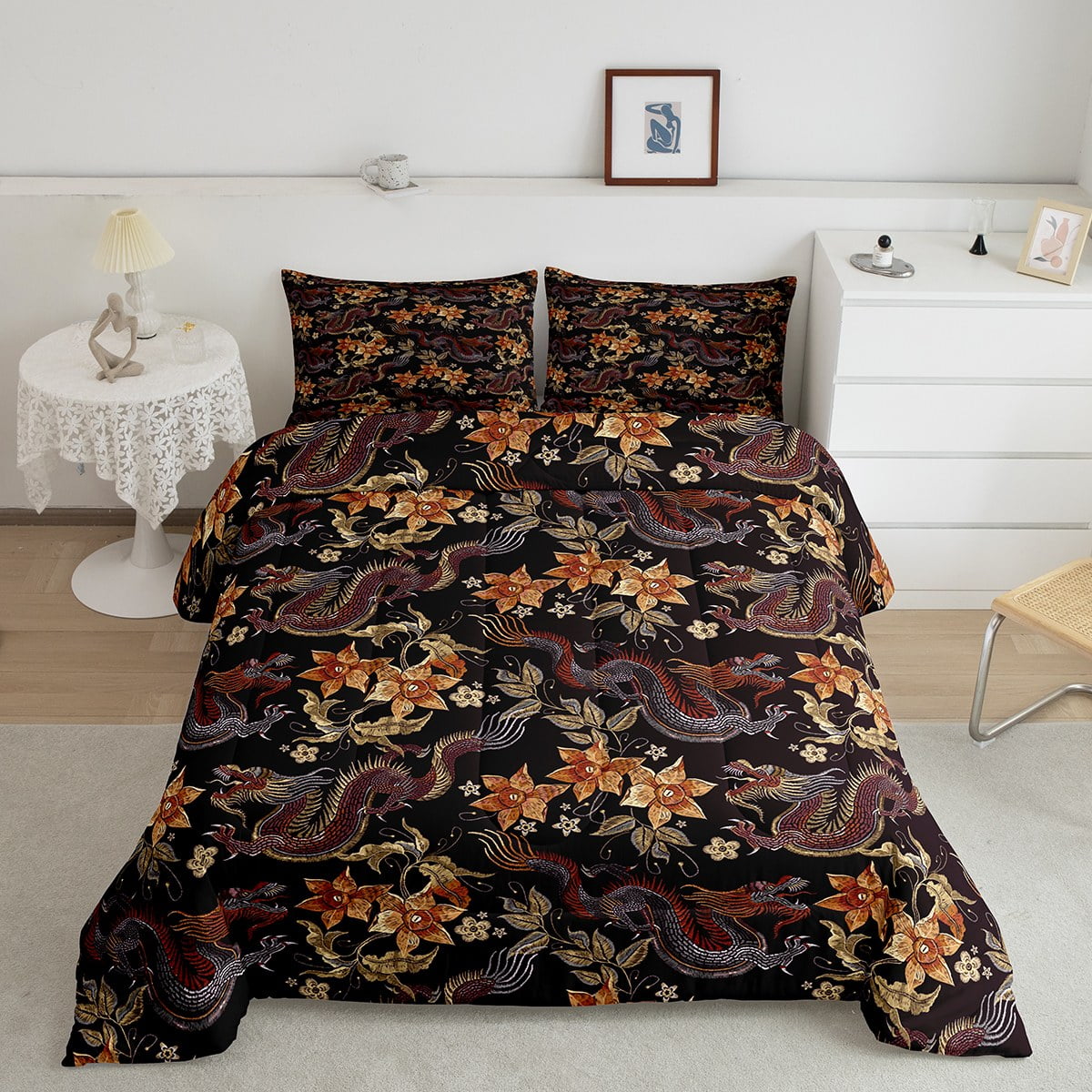 YST Eastern Dragon Comforter Set Full Chic Floral Bedding Set, Vintage ...
