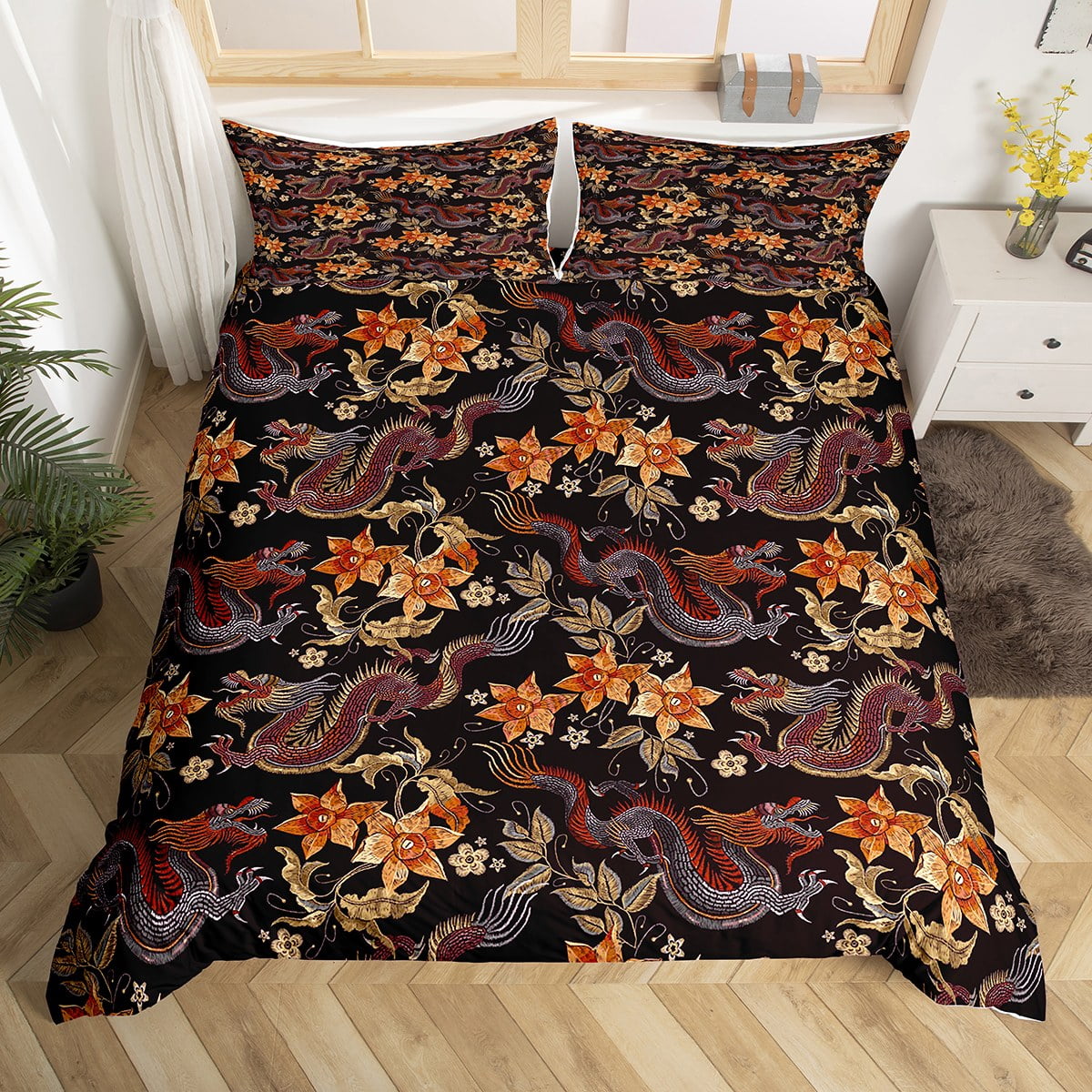Eastern Dragon Duvet Cover Full Chic Floral Bedding Set, Vintage Flower ...