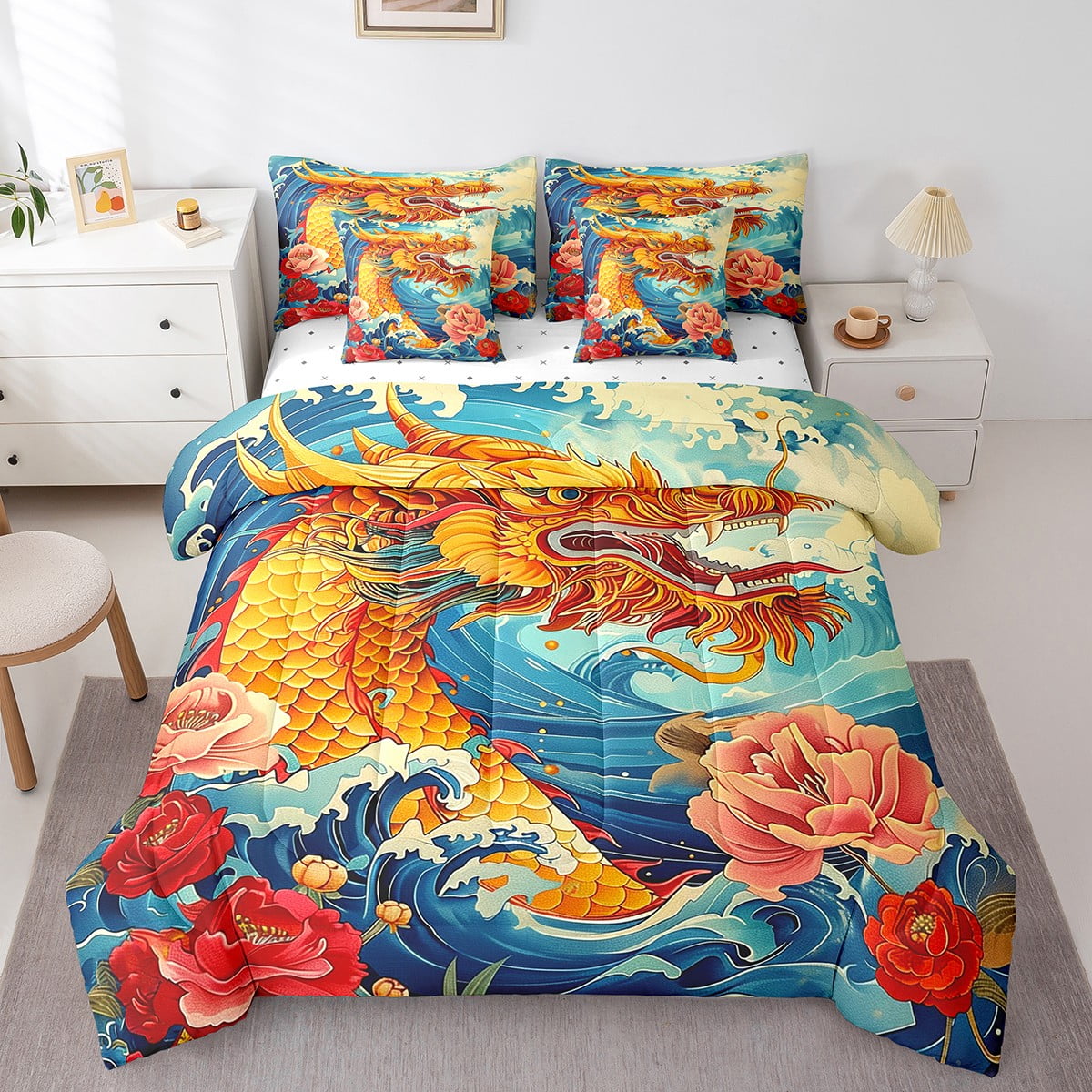 Eastern Dragon Queen Comforter Set 7pcs Vintage Retro Japanese Style ...