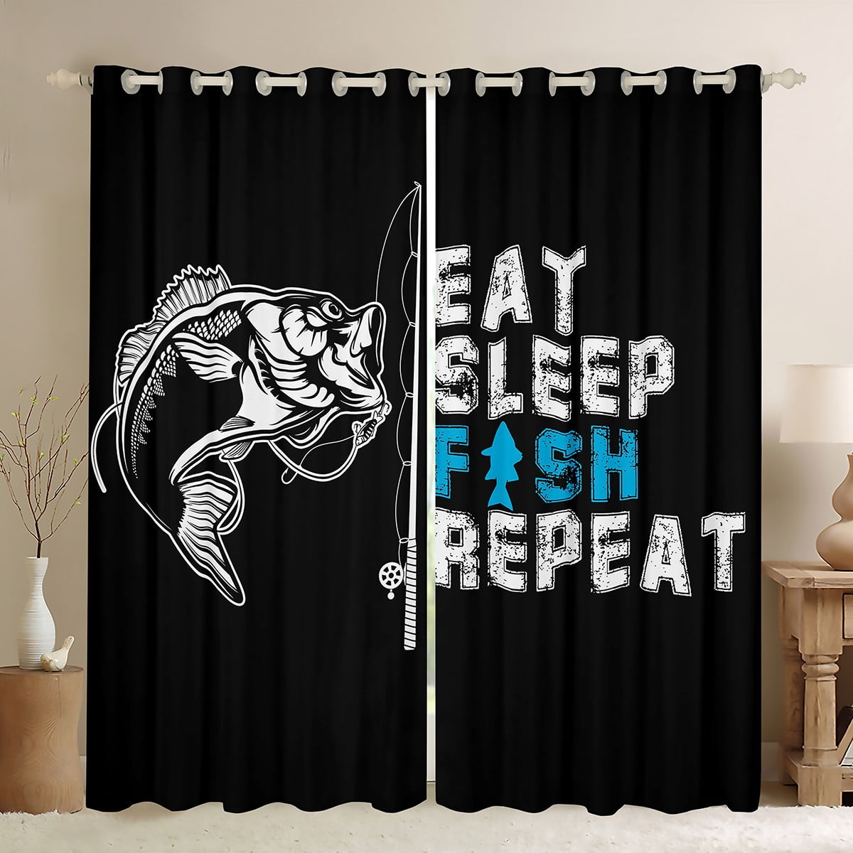 YST Eat Sleep Fish Curtains for Men Adult,Big Bass Fish Blackout ...