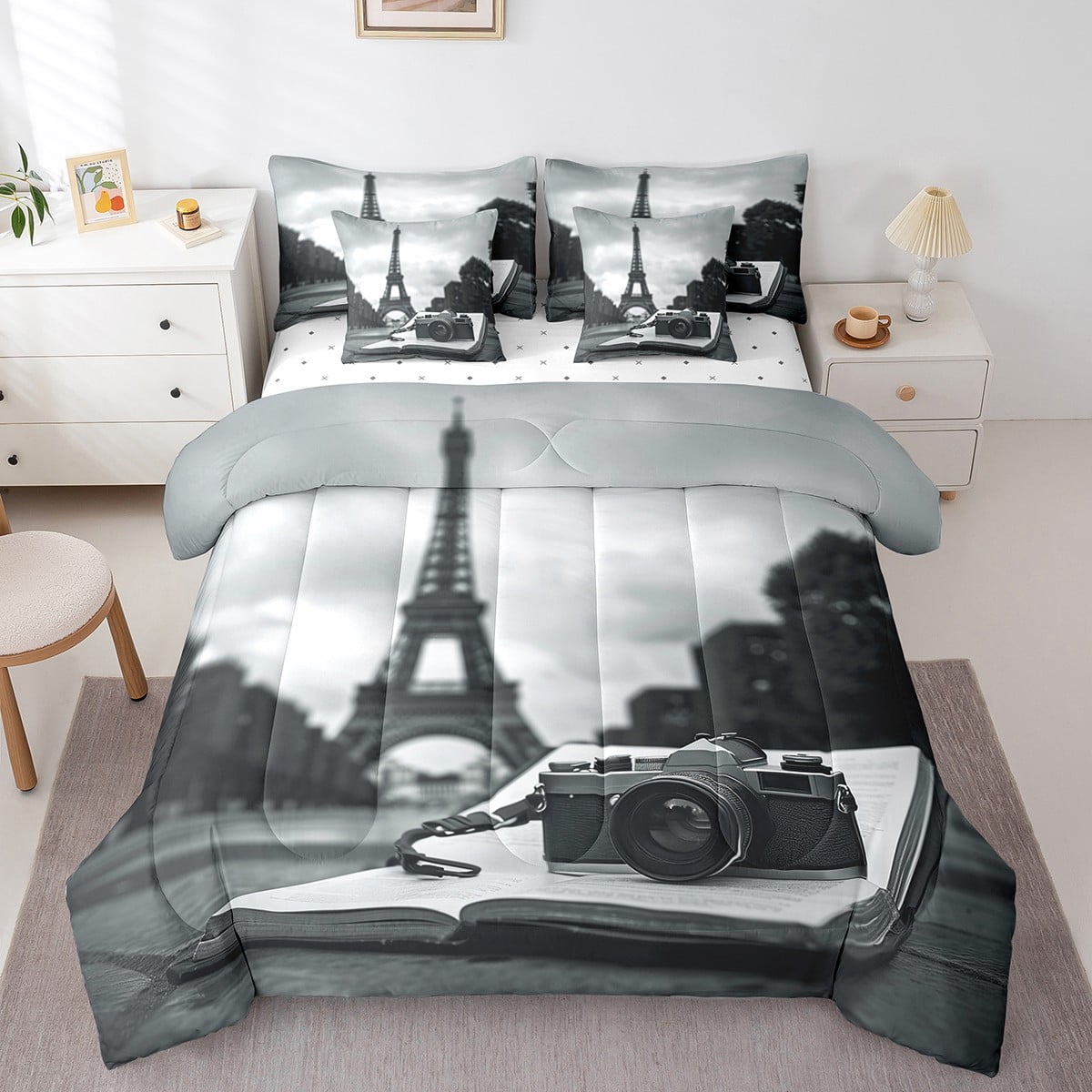 Erosebridal Eiffel Tower Bed In A Bag 7-Piece,Black And Grey Twin Size ...