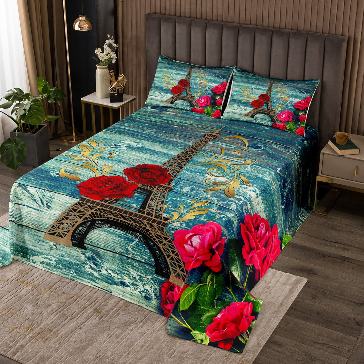YST Eiffel Tower Bedspread Set King Romantic Rose Paris Quilt Set ...