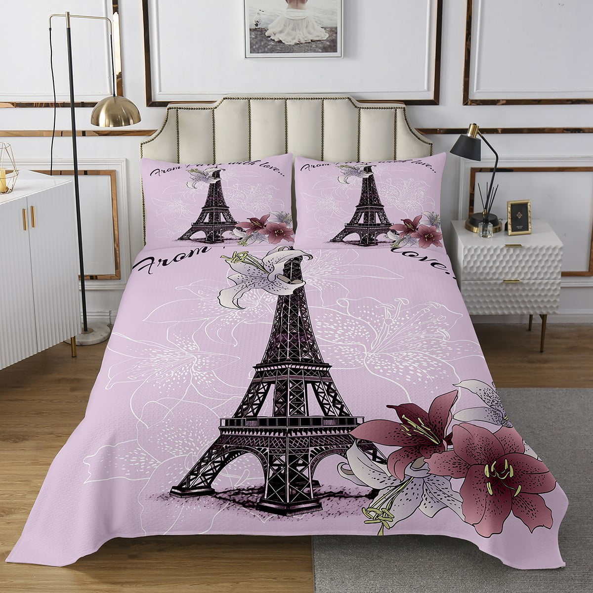 Erosebridal Eiffel Tower Bedspread Set King Size Pink Floral Flowers Quilt Set, Paris City ...