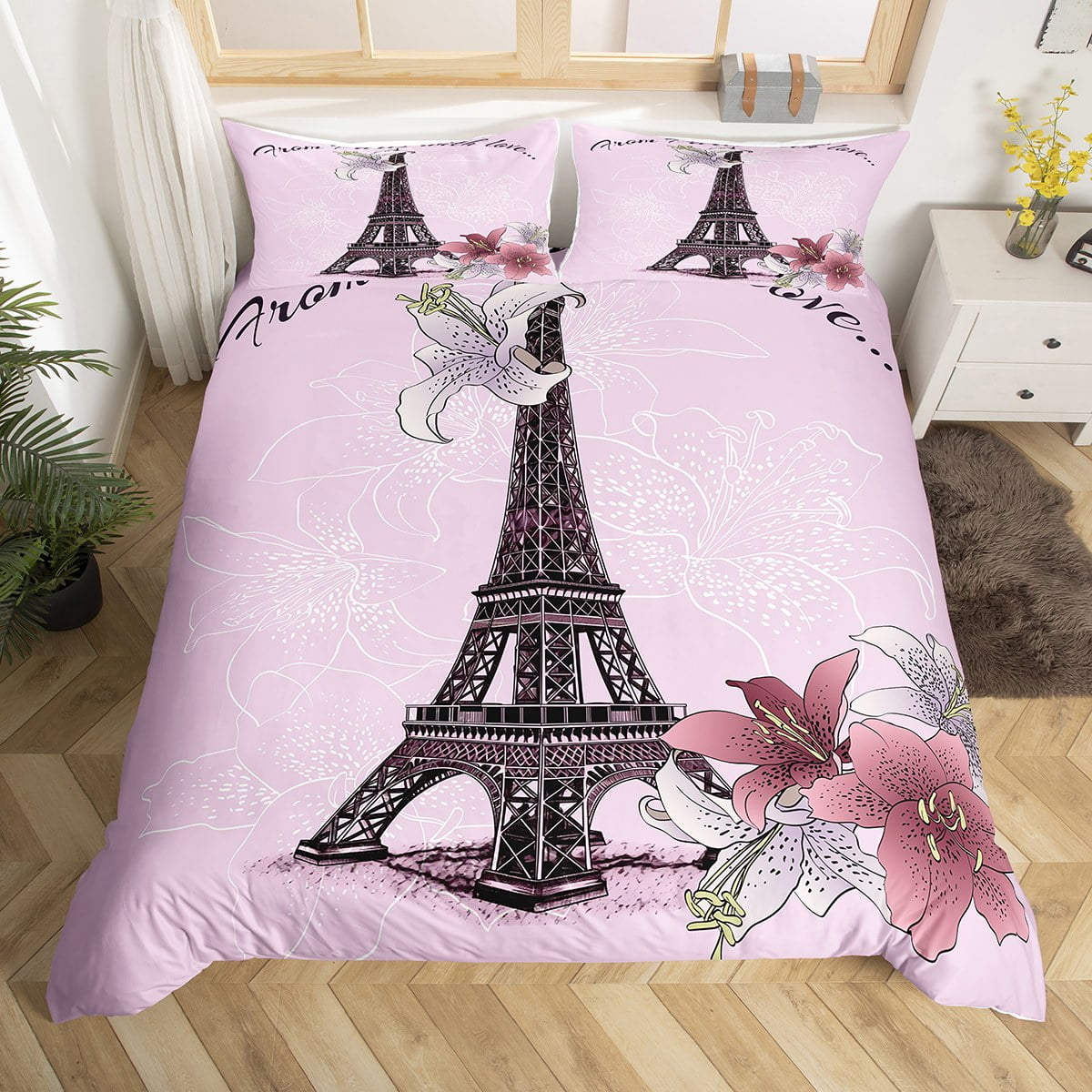 Erosebridal Eiffel Tower Comforter Cover Full Size Pink Floral Flowers ...