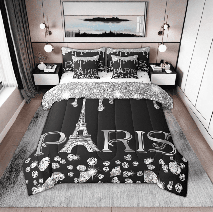 Eiffel Tower Comforter Full 7 Piece,(Not Real)Black and White Bling ...
