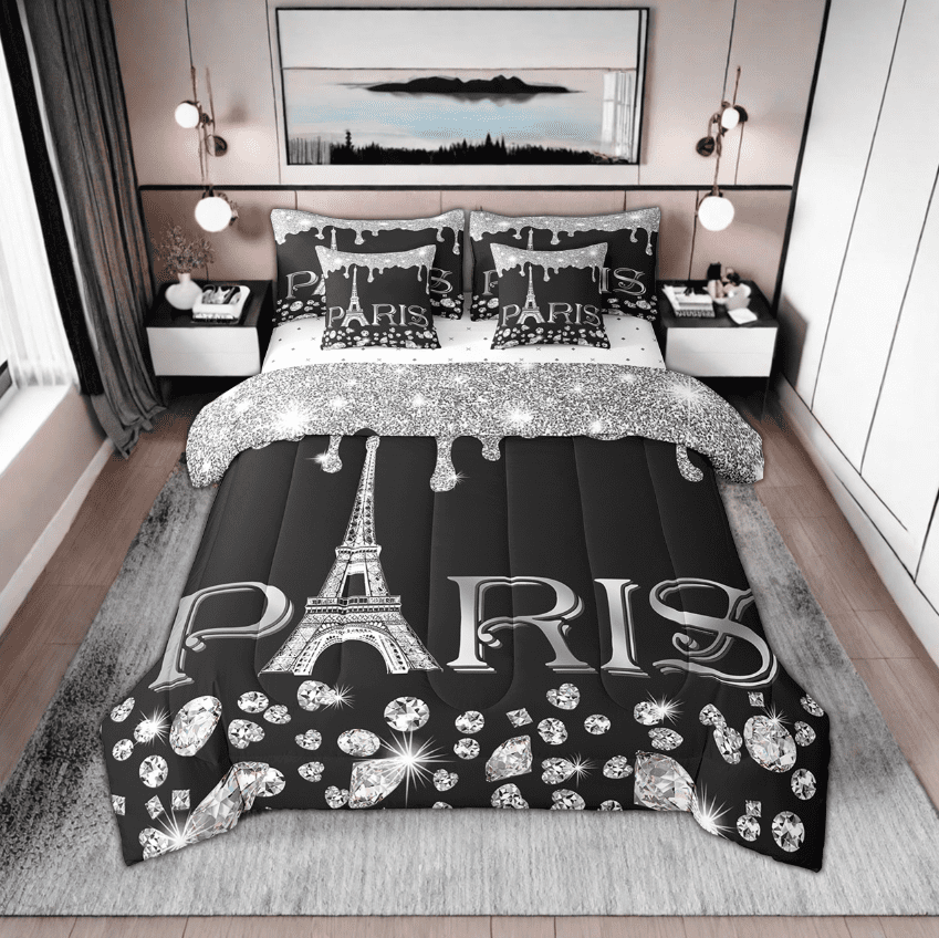 Eiffel Tower Comforter Queen 7 Piece,(Not Real)Black and White Bling ...