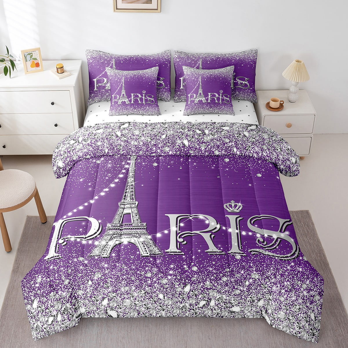 YST Eiffel Tower Comforter Set for Girls,Purple Silver Romantic Paris ...
