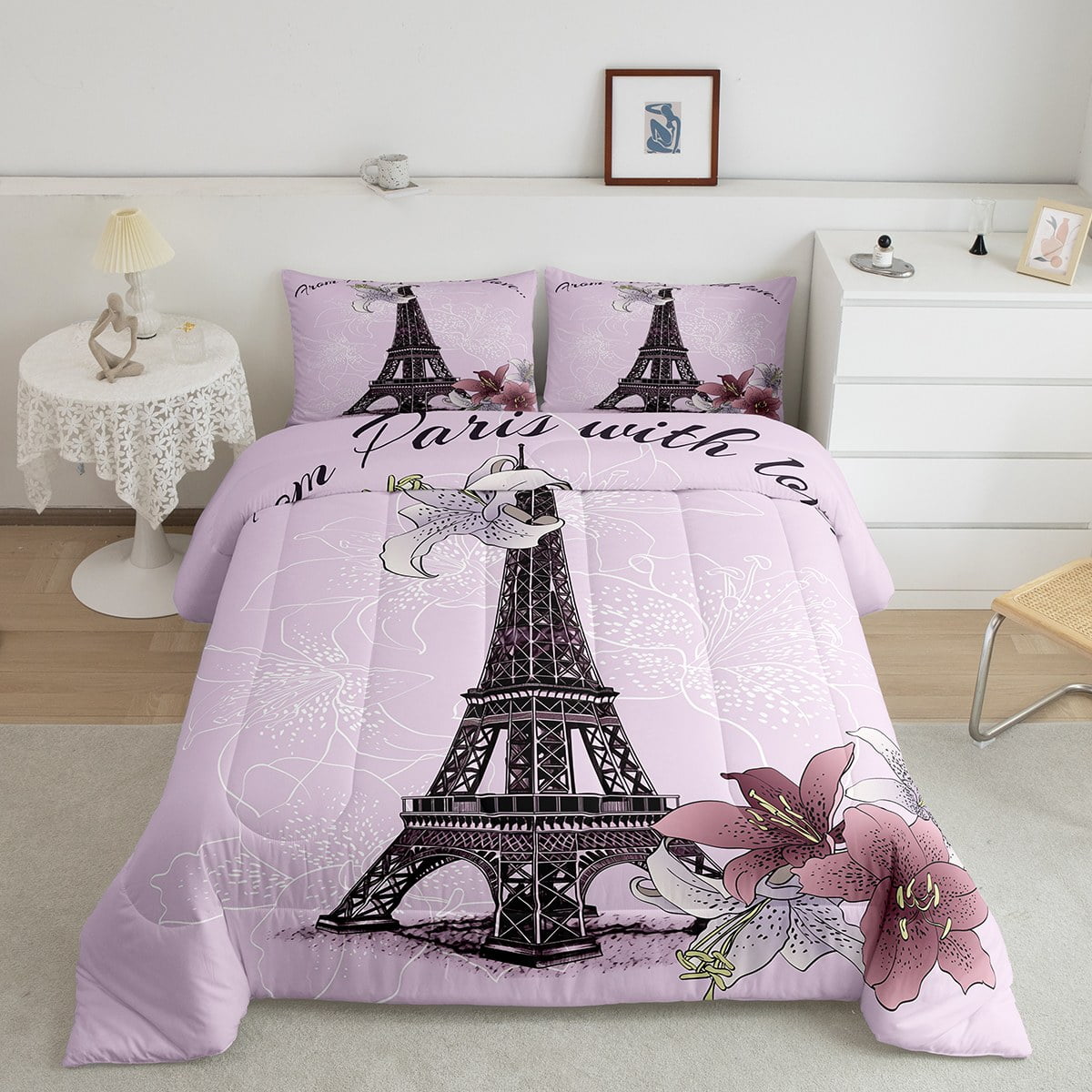 Eiffel Tower Comforter Set King Size Pink Floral Flowers Bedding Set ...