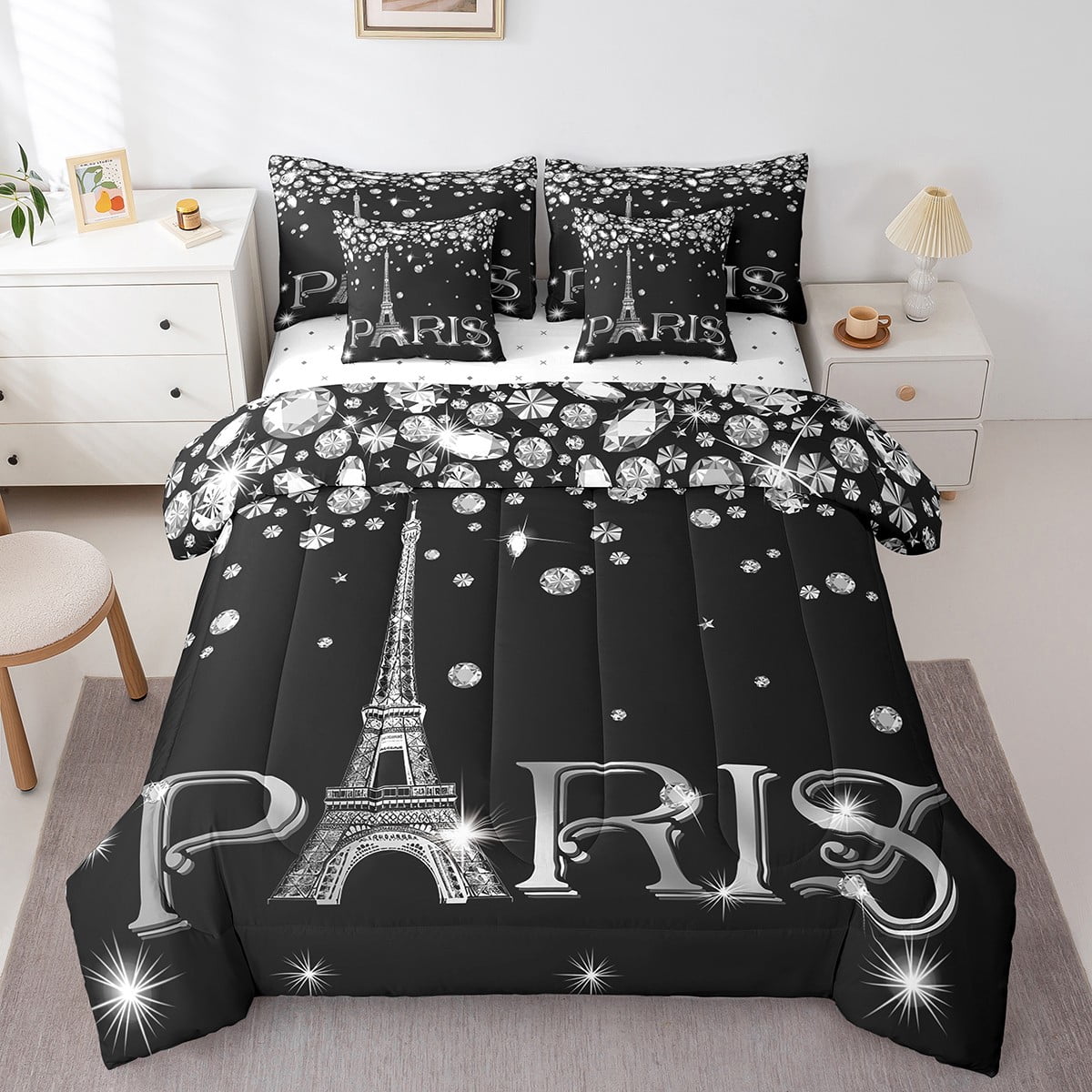YST Eiffel Tower Comforter Set Twin,Paris Bedding Set for Women,Black and White Romantic Tower 7 ...