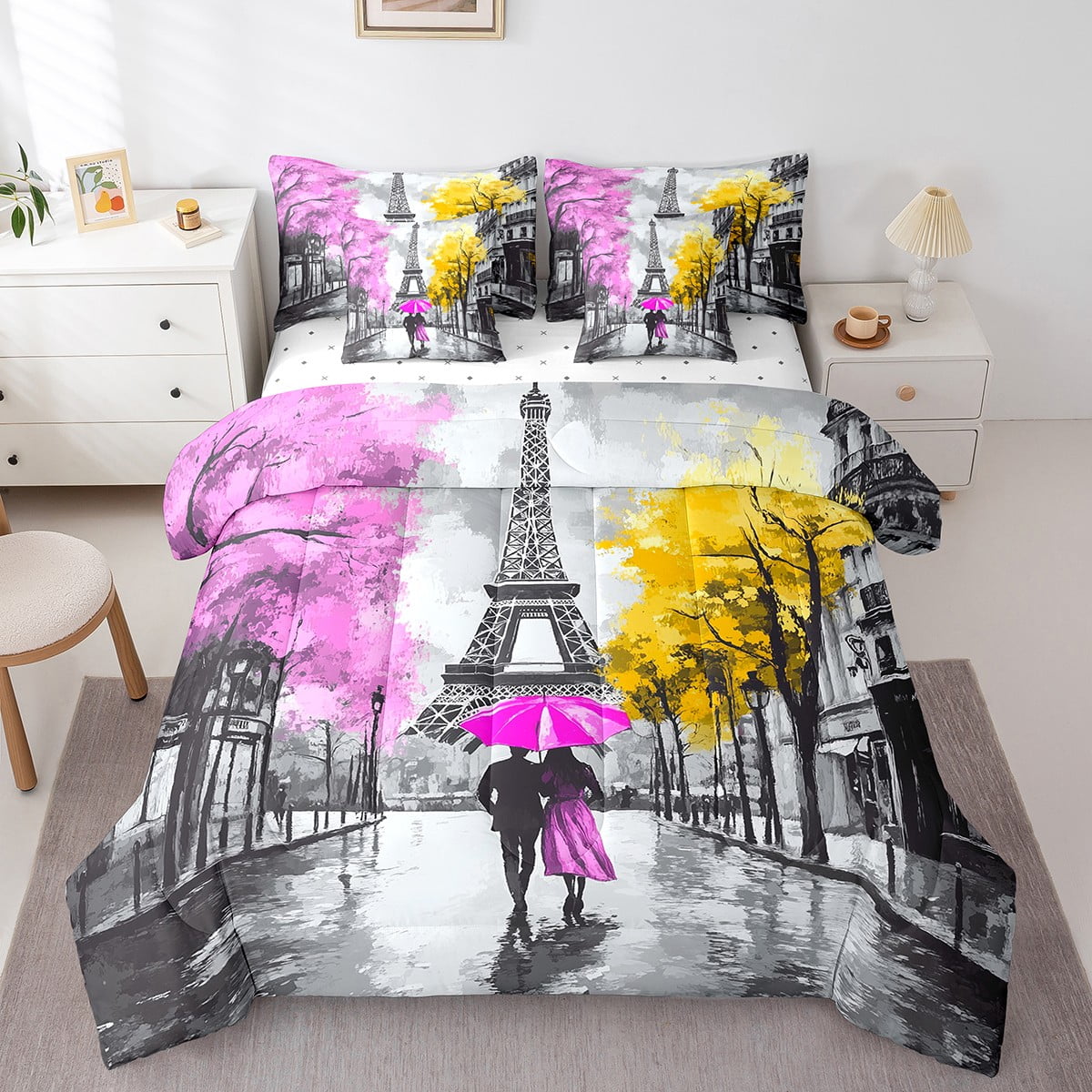 YST Eiffel Tower Comforter Set With Sheets 7 Piece, Paris City Building ...