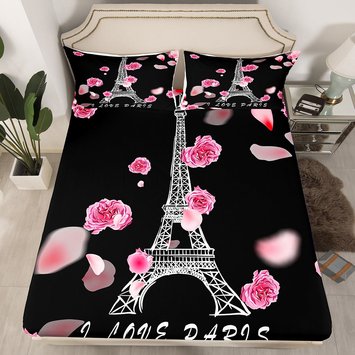 YST Eiffel Tower Full Fitted Sheet Chic Pink Rose Sheets for Girls ...