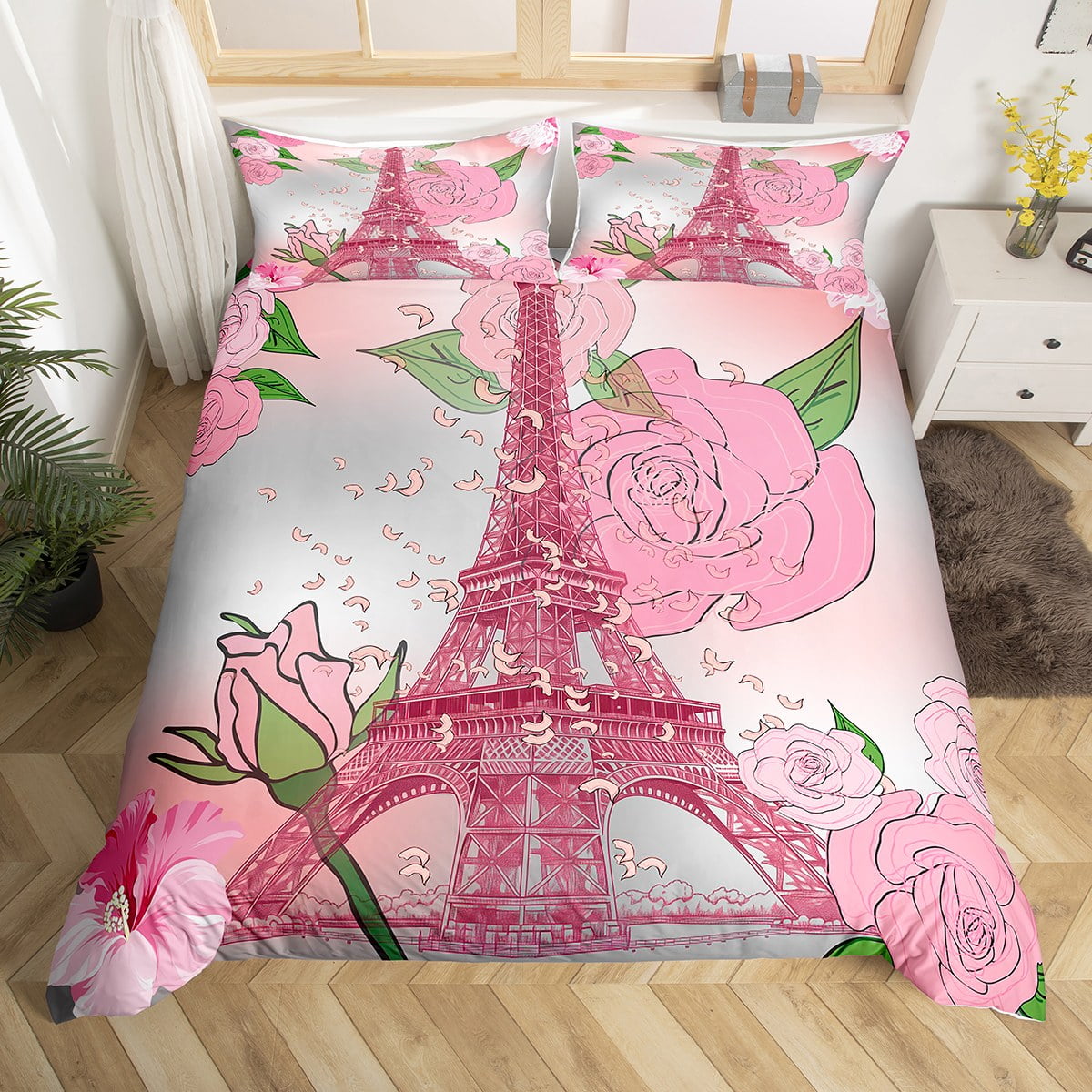 Erosebridal Eiffel Tower Comforter Cover Pink Rose Duvet Cover Teens ...