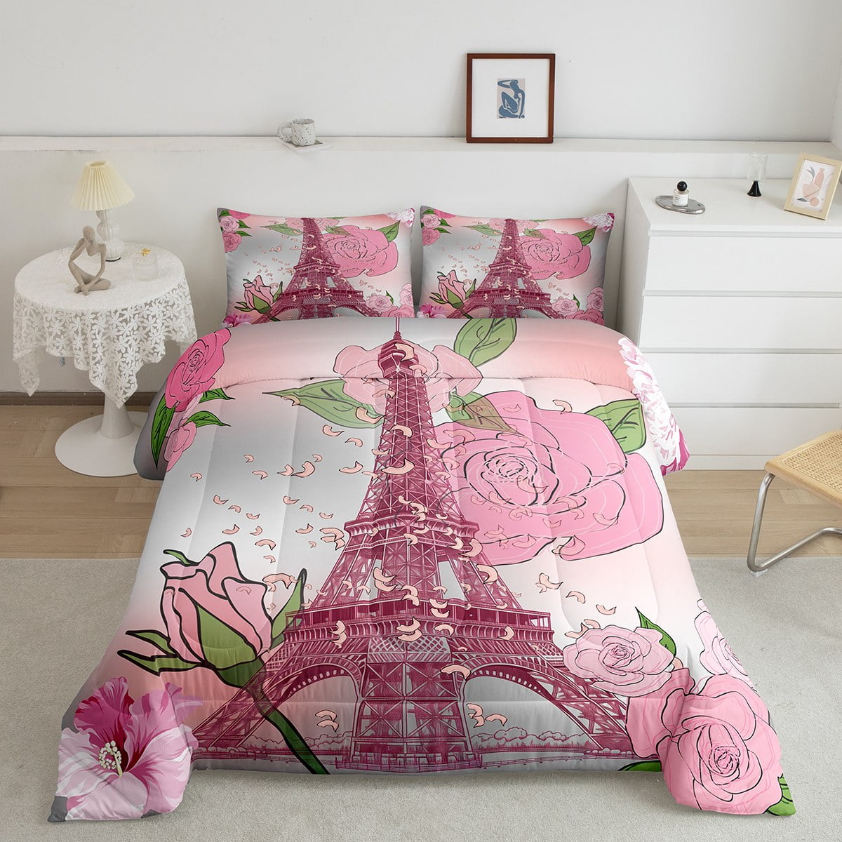 YST Eiffel Tower Kids Comforter Set Pink Rose Bedding for Girls ...