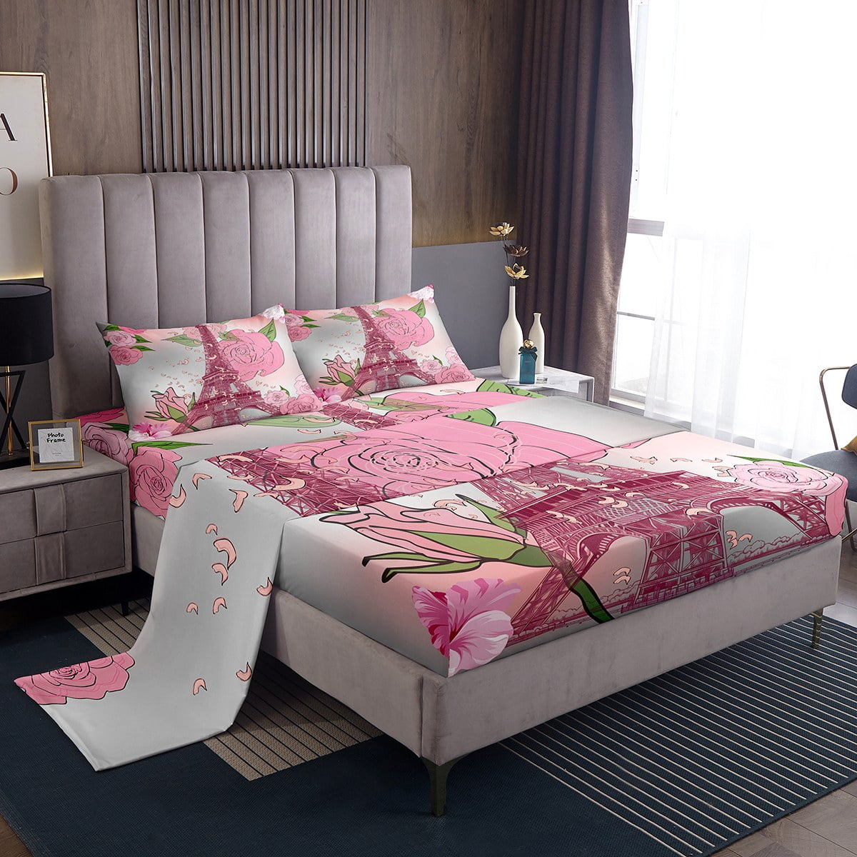 Erosebridal Eiffel Tower Sheet Set Pink Rose Sheets Teens Bedroom Decor ...
