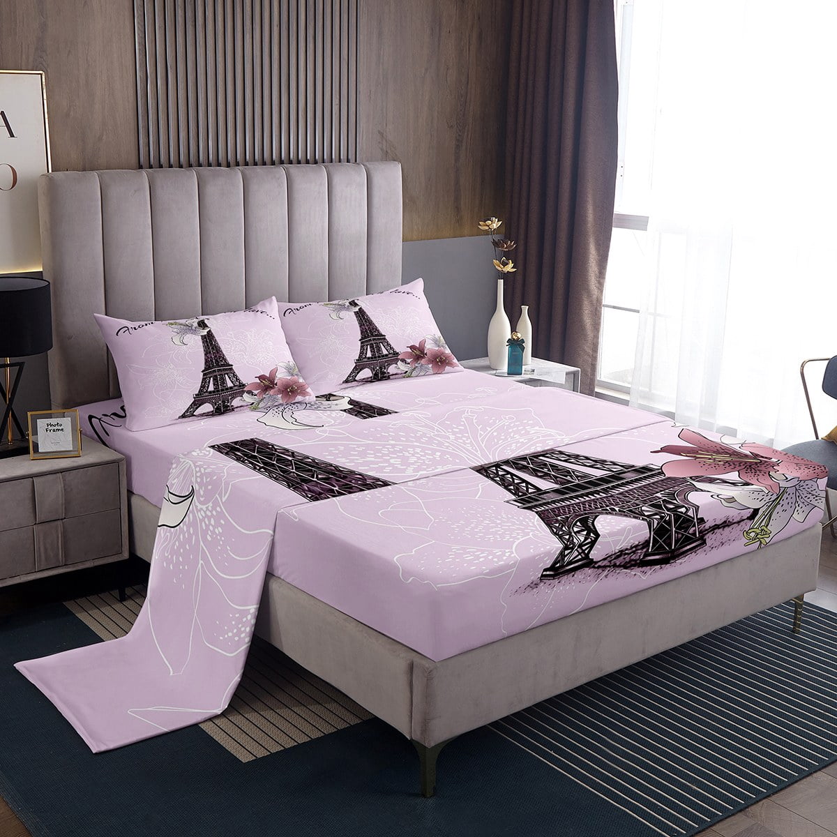 Erosebridal Eiffel Tower Sheet Set Queen Size Pink Floral Flowers ...