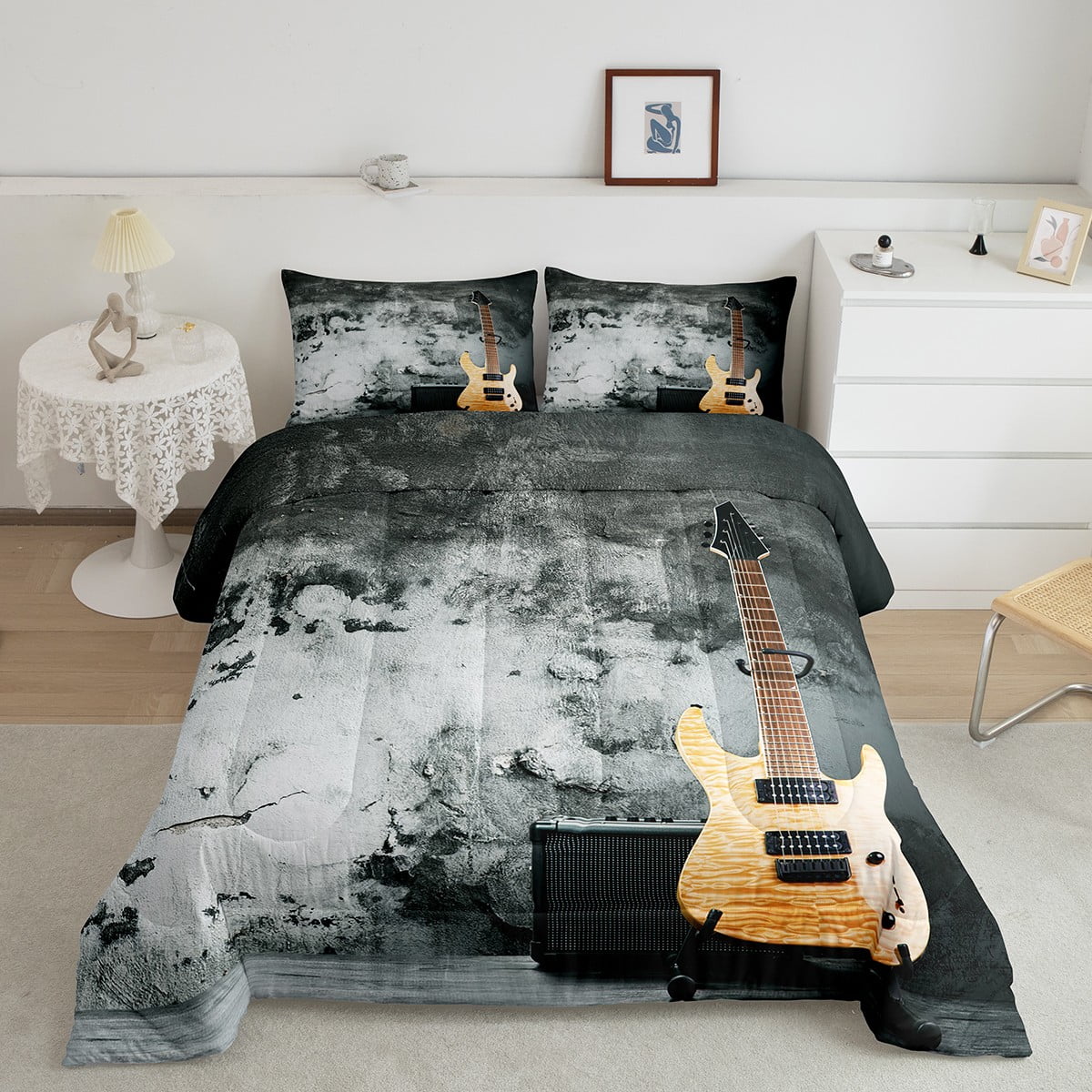YST Electric Guitar Comforter Set Queen Music Theme Bedding Set, Grey ...