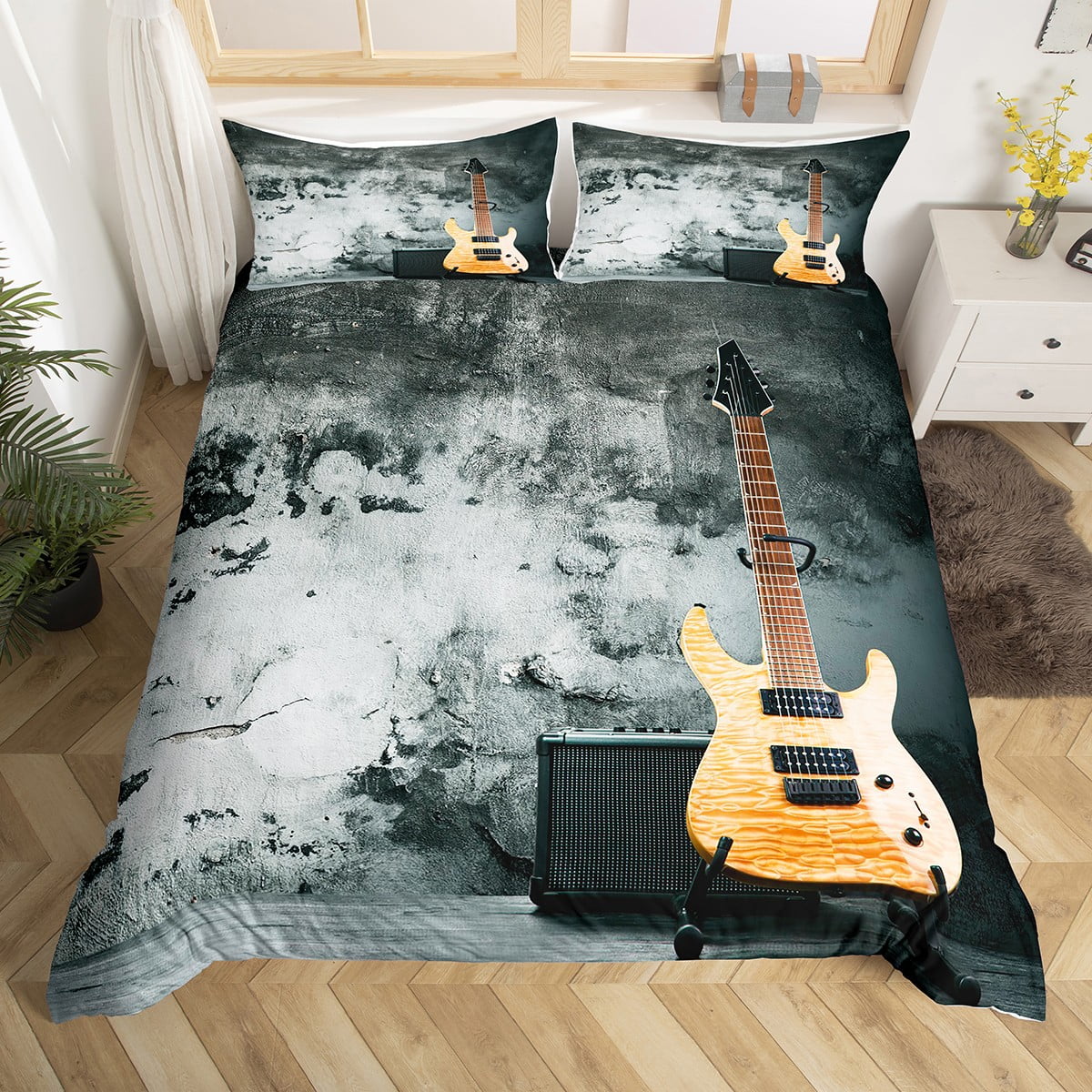 YST Electric Guitar Duvet Cover Full Music Theme Bedding Set, Grey ...
