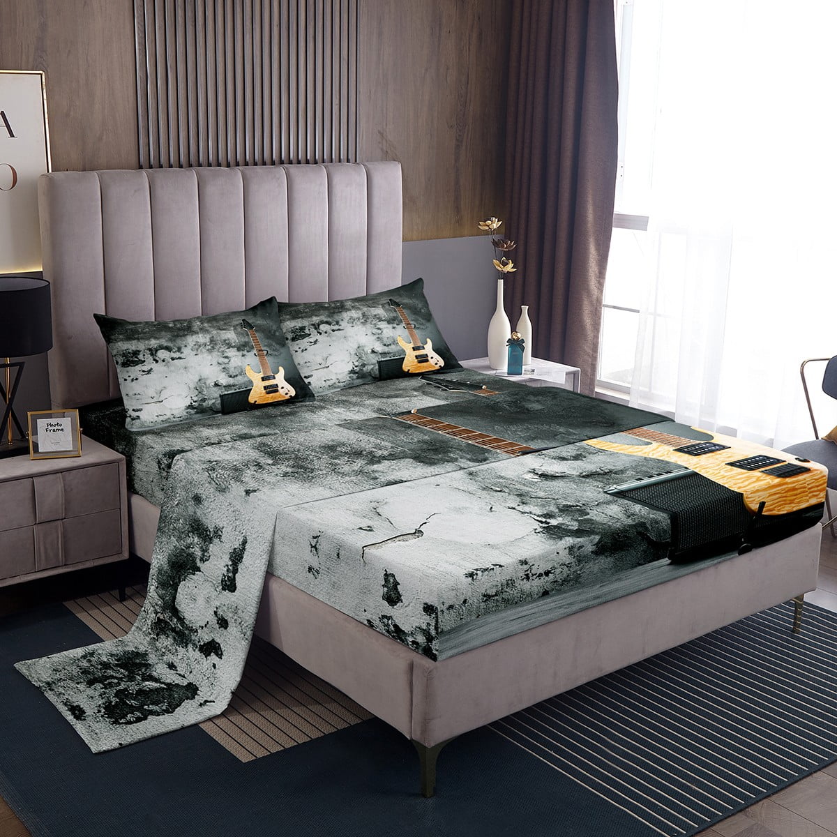 Electric Guitar Queen Sheets Music Theme Bed Set, Grey Grunge Bed ...