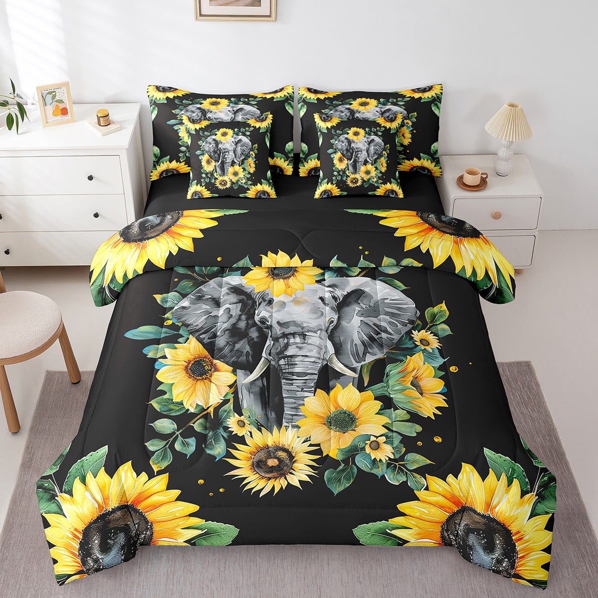 Erosebridal Elephant Bedding Sets 7 Piece Queen Size, Yellow Sunflower ...