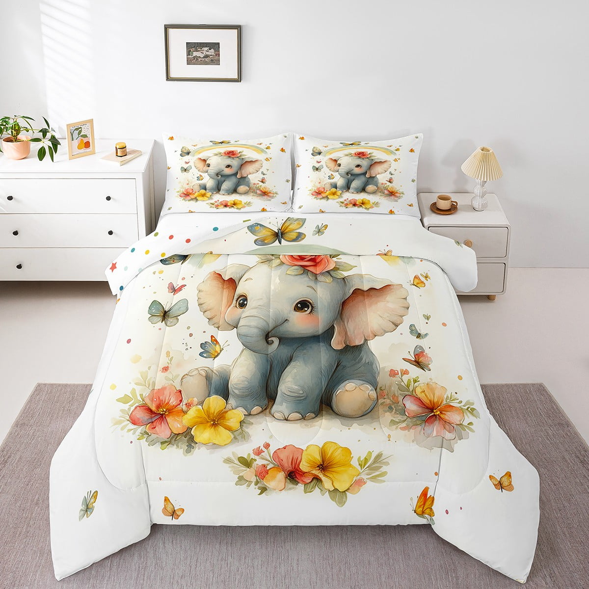 Erosebridal Elephant Comforter Set Twin,Groovy Flower Floral Botanical ...