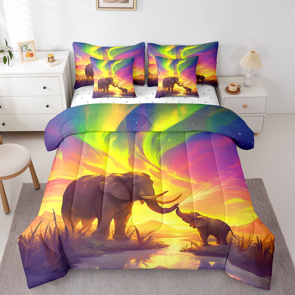 Elephants Bedding Full Size 7pcs, Bed in a Bag 3D Animals Rainbow Ombre ...
