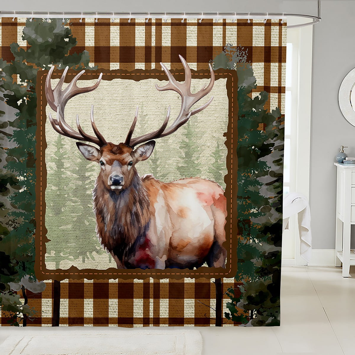 Elk Deer Bathroom Accessories,Woodland Decor Reindeer Bath Curtain Wild ...