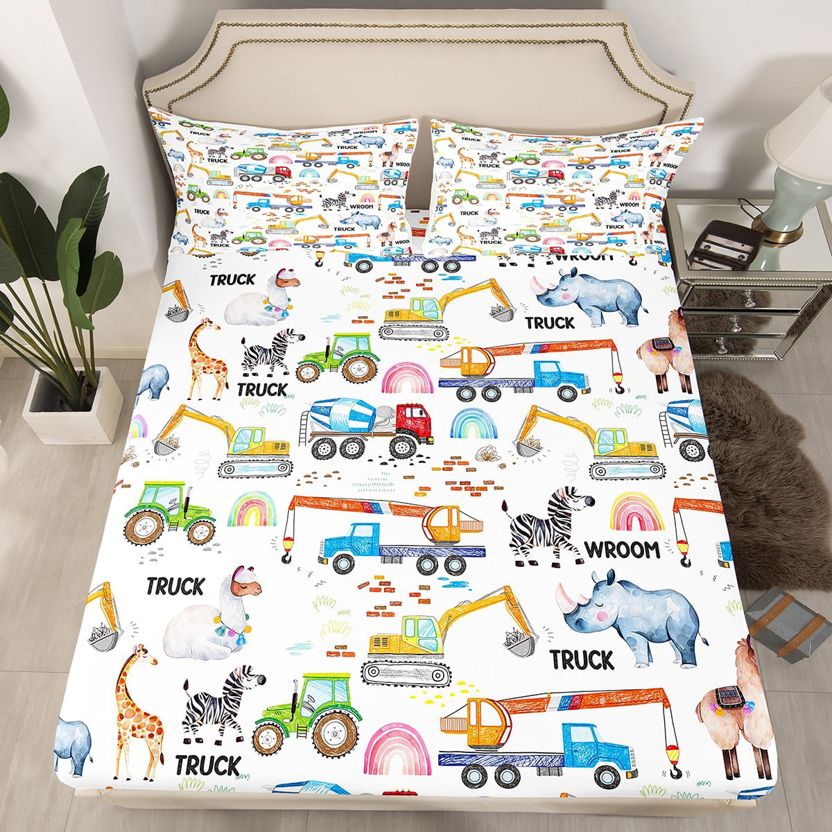 Erosebridal Excavator Bedding Set,Cartoon Cute Rainbow Tractor Truck ...