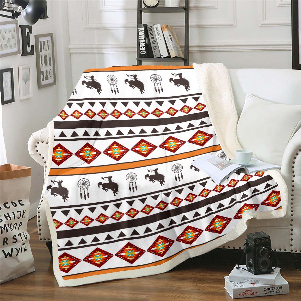 Exotic Aztec Throw Blanket Throw Size, Western Horse Sherpa Blanket ...