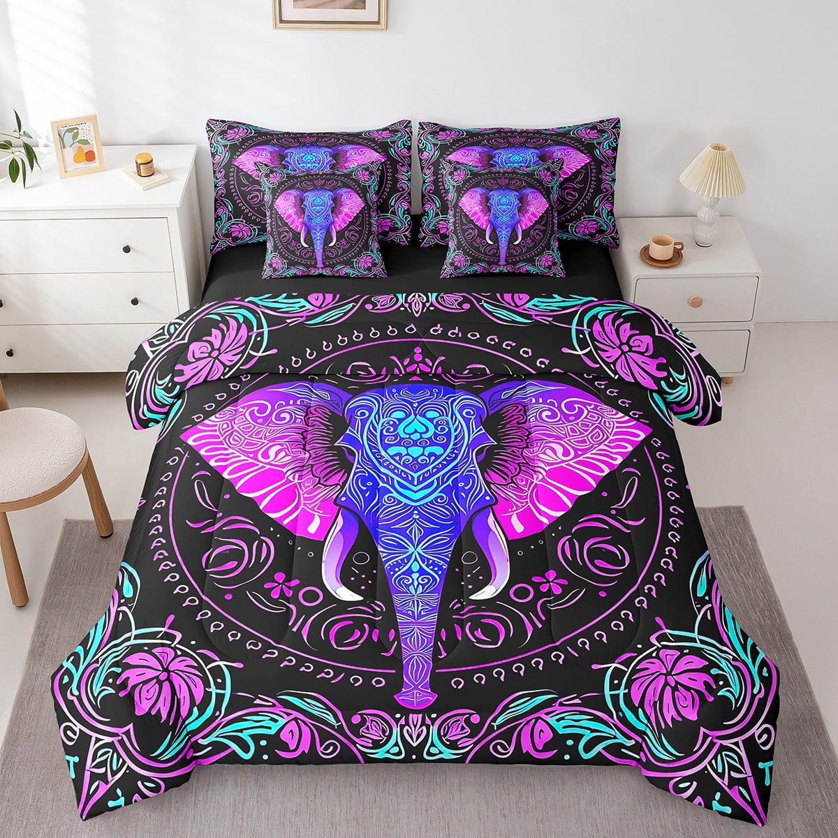 Exotic Elephant Twin Comforter Set 7 Piece Boho Chic Animal Floral Bed ...